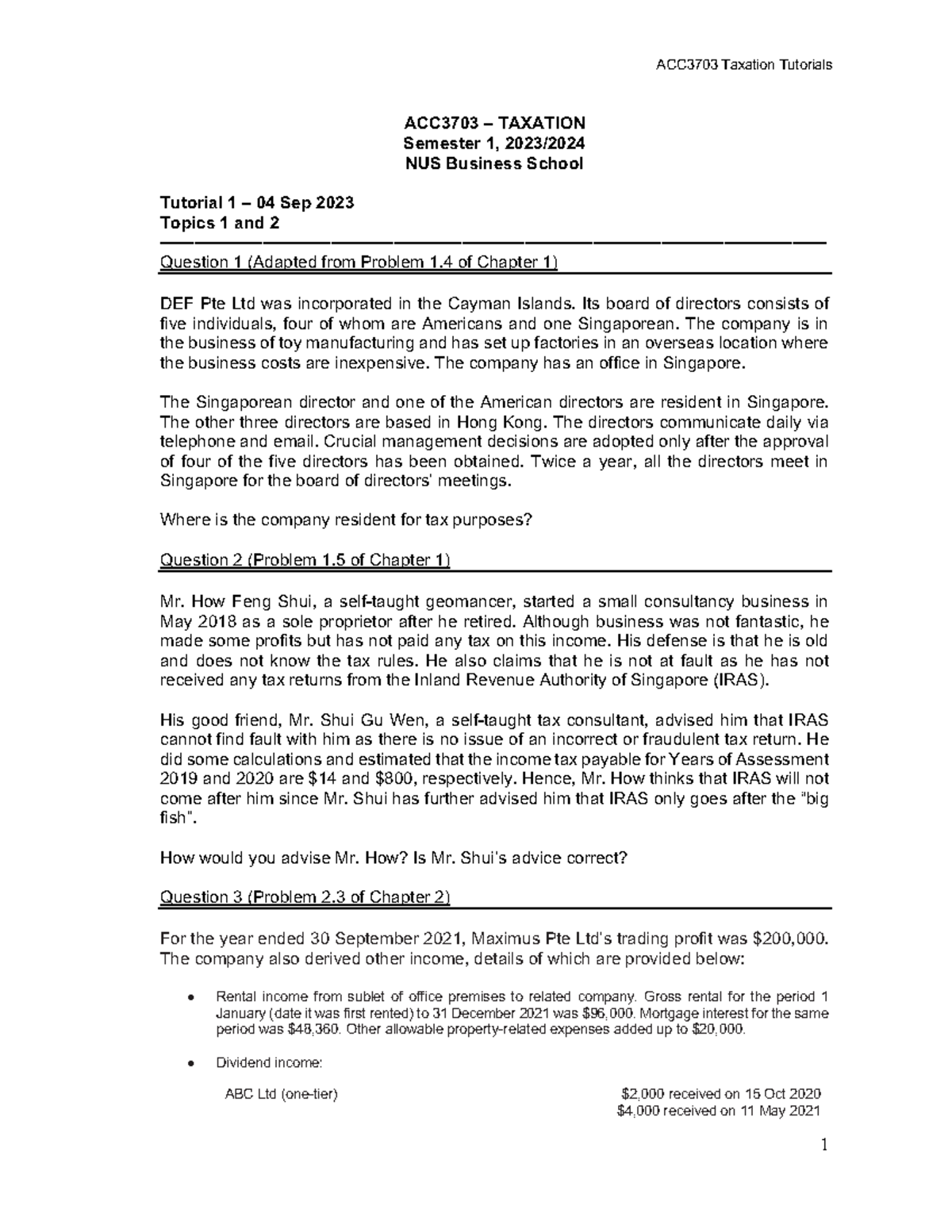 ACC 3703 Tut 1 - Tutorial for AY2023 - ACC3703 Taxation Tutorials 1 ACC3703 – TAXATION Semester ...