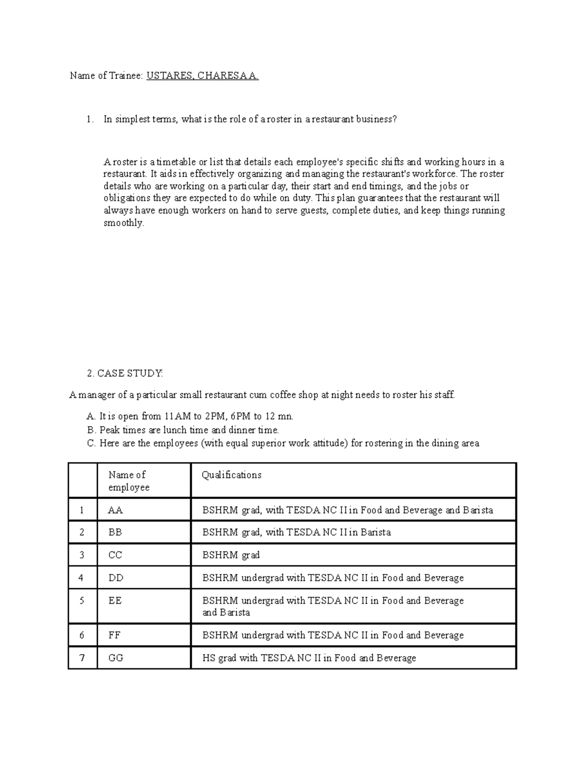 Task Worksheet - note - Name of Trainee: USTARES, CHARESA A. In ...