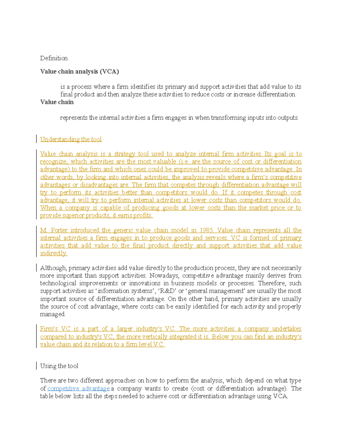Definition - Lecture notes 1 - Definition Value chain analysis (VCA) is ...