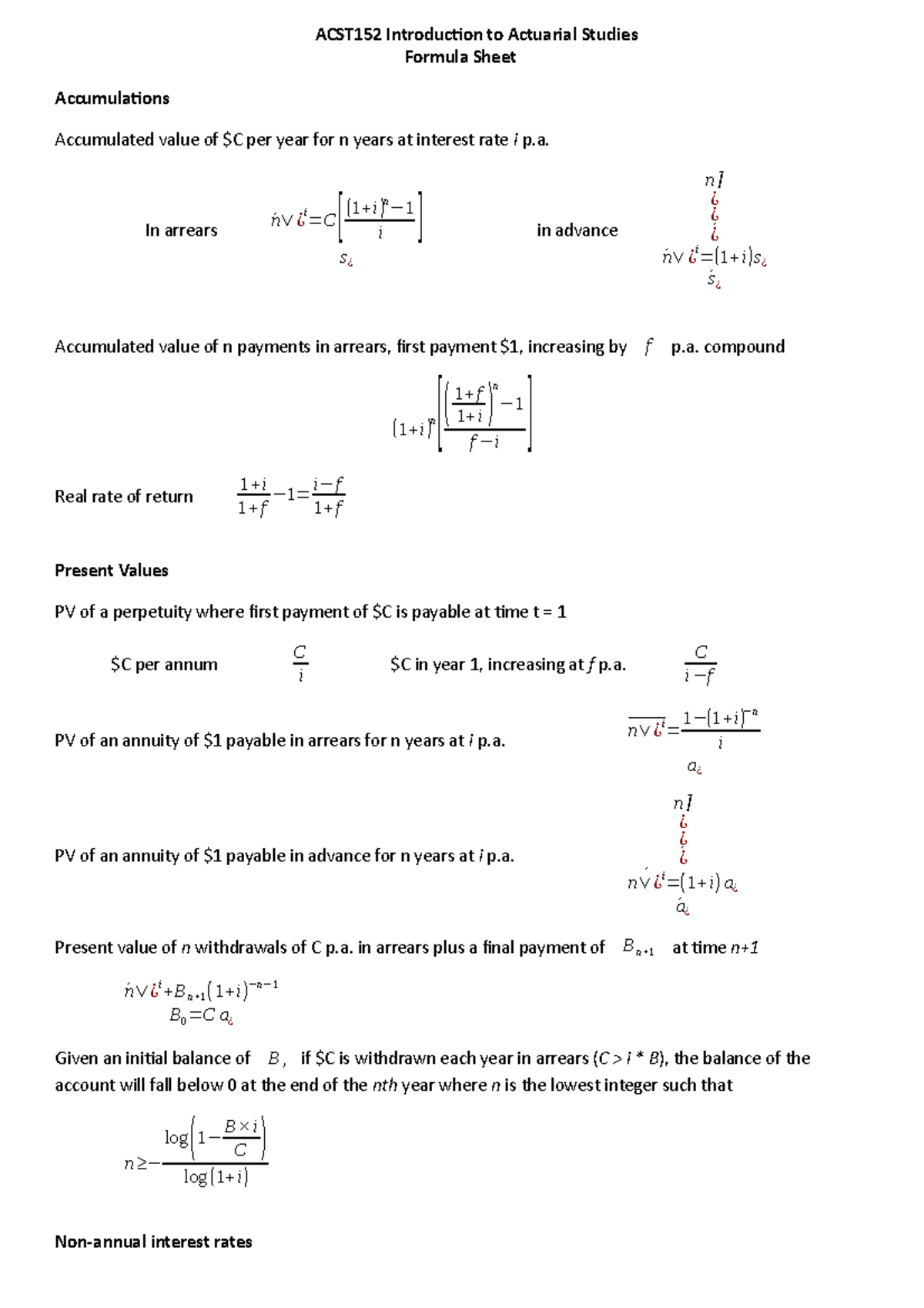 Formula Sheet and Excel Functions 2019 - ACST152 Introduction to ...