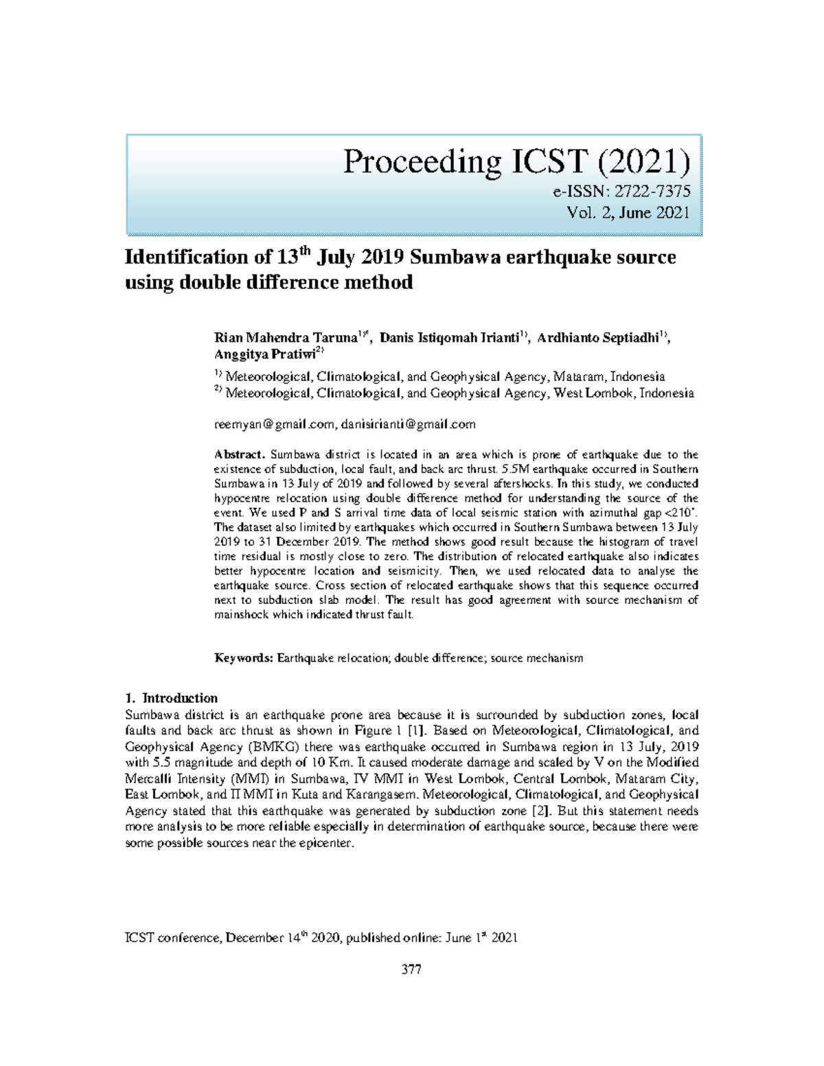 Identification of 13th July 2019 Sumbawa earthquake source using double ...