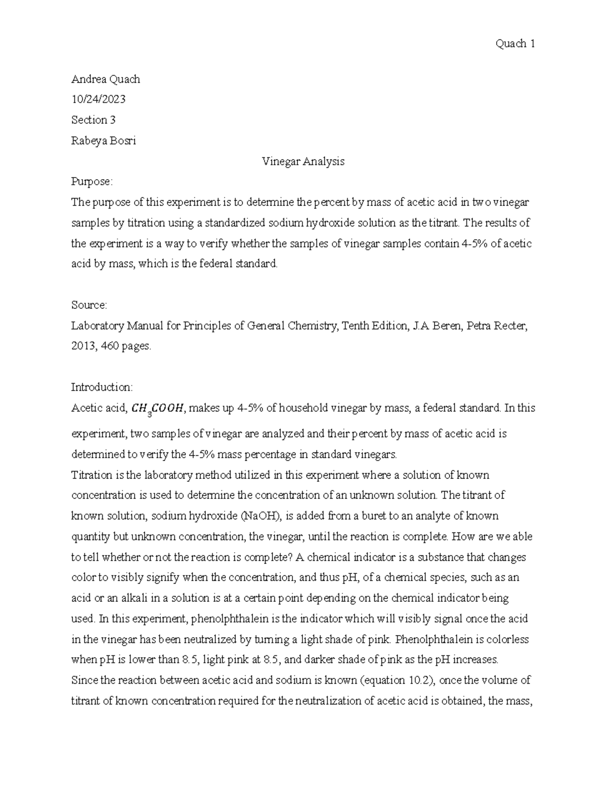 CHEM 26 Exp 10 Final Lab Report - Andrea Quach 10/24/ Section 3 Rabeya ...