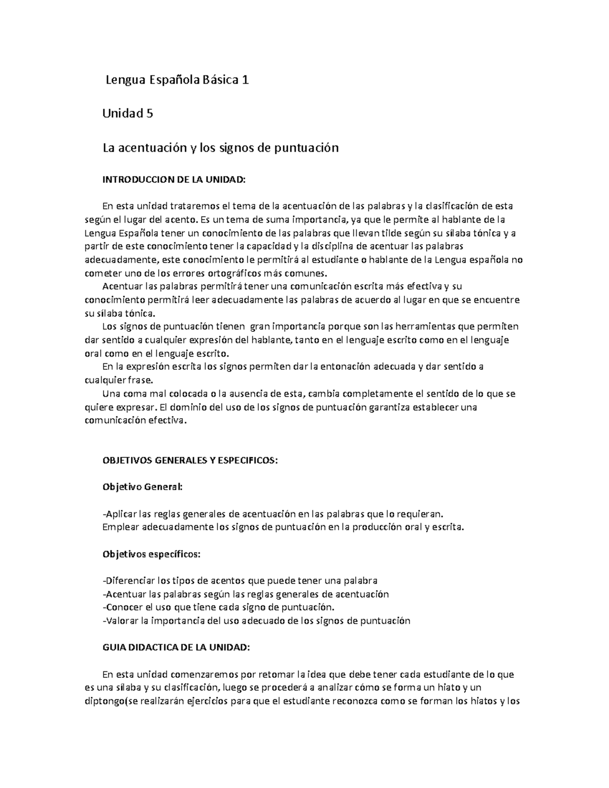 Guia Didactica Unidad 5 - Lengua Española Básica 1 Unidad 5 La ...