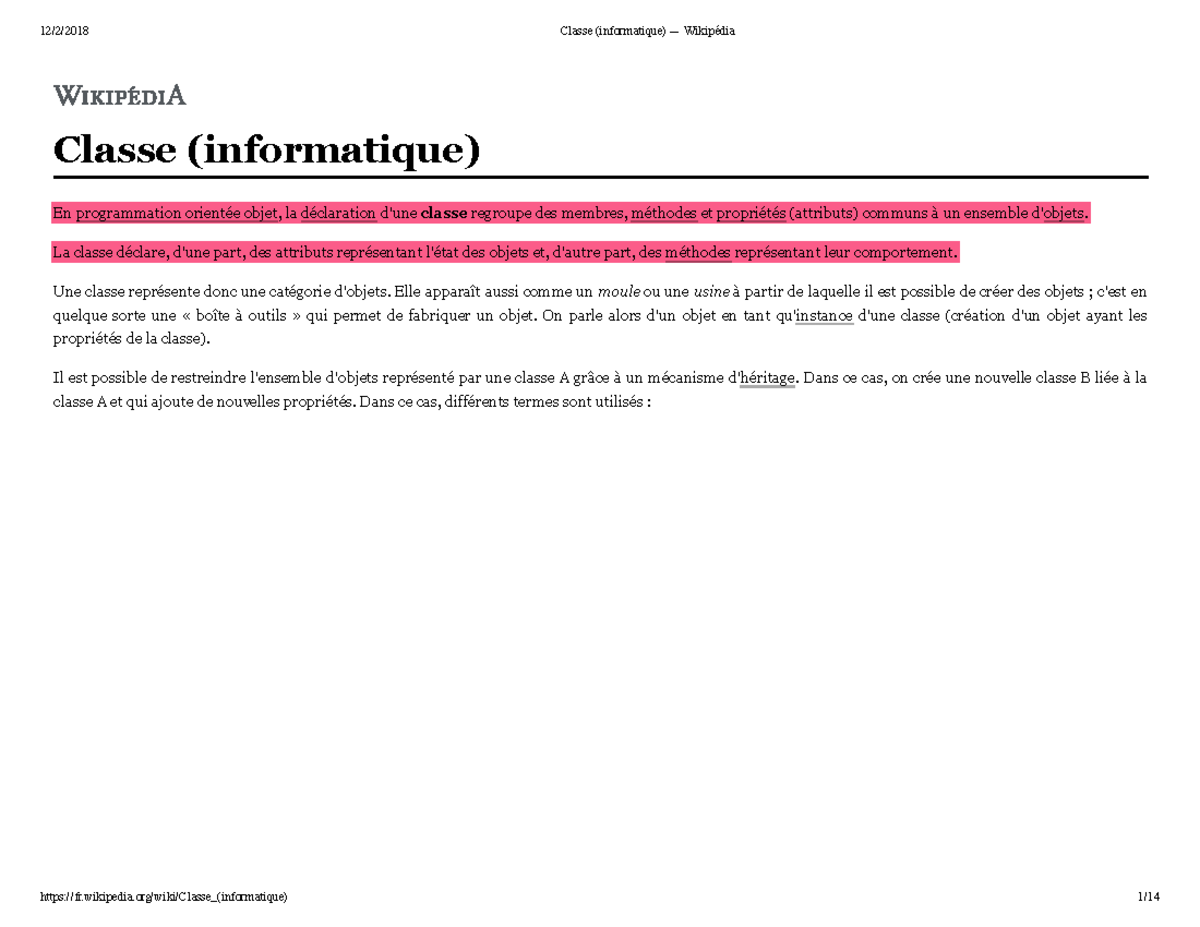 Classe (informatique) — Wikipédia - 12/2/2018 Classe (informatique ...