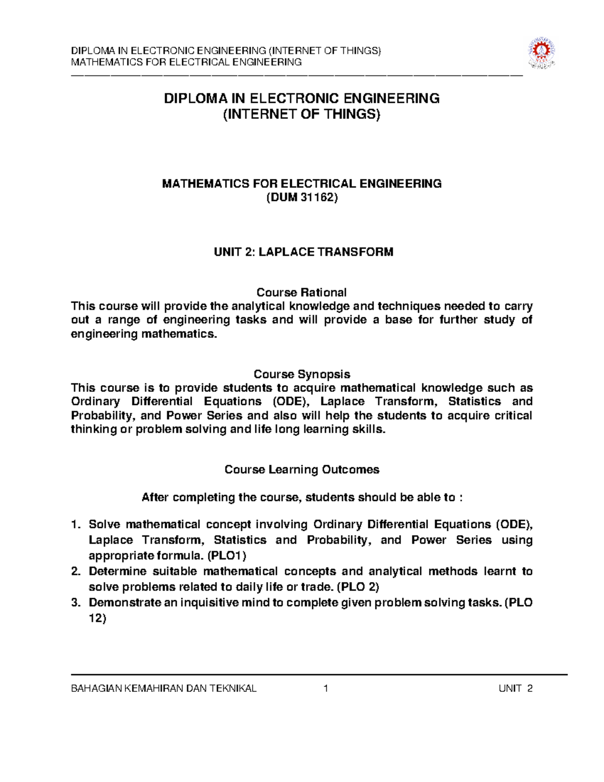 Unit 2 Laplace Transform-1 - MATHEMATICS FOR ELECTRICAL ENGINEERING ...