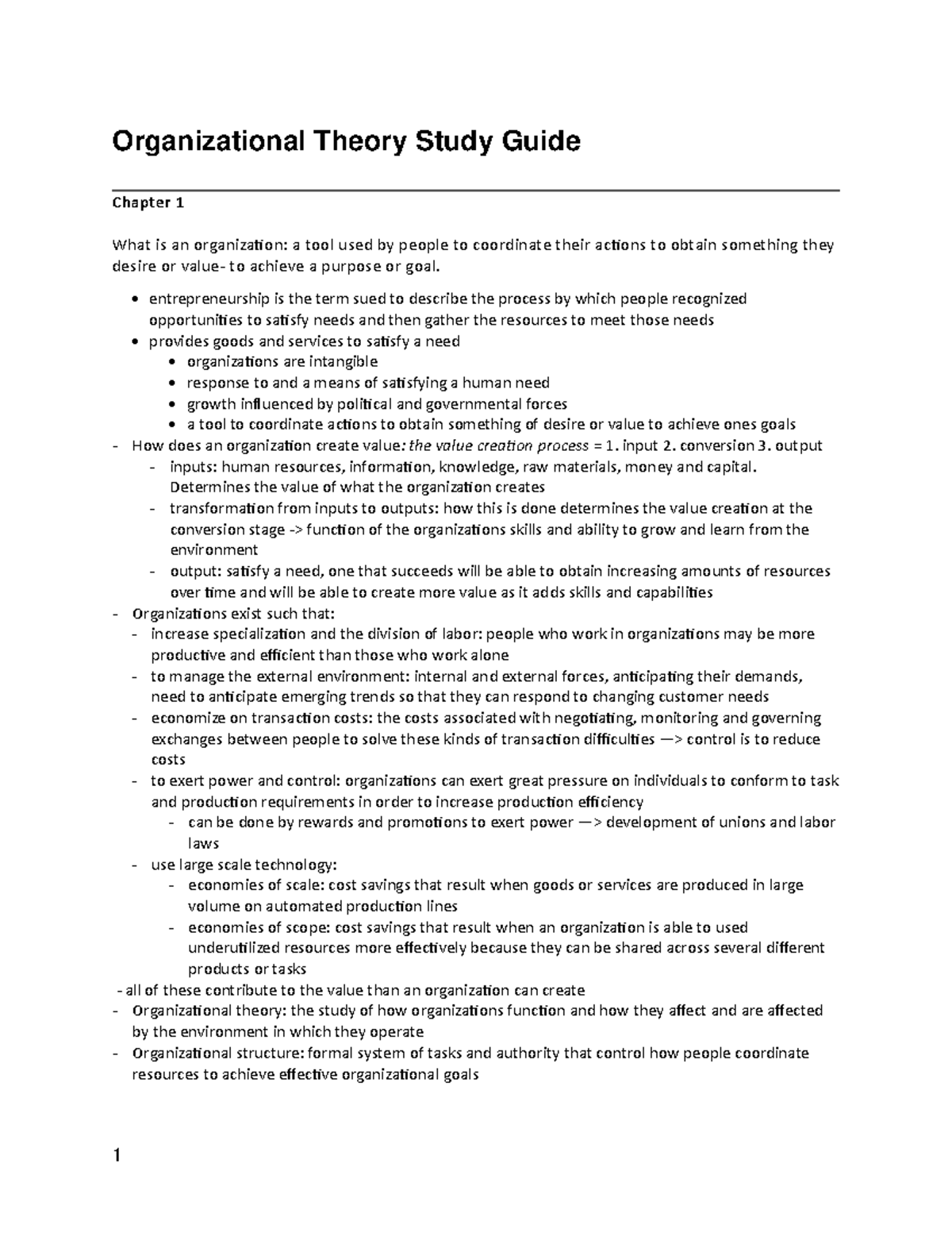 Organizational Theory Midterm Study Guide - Organizational Theory Study ...