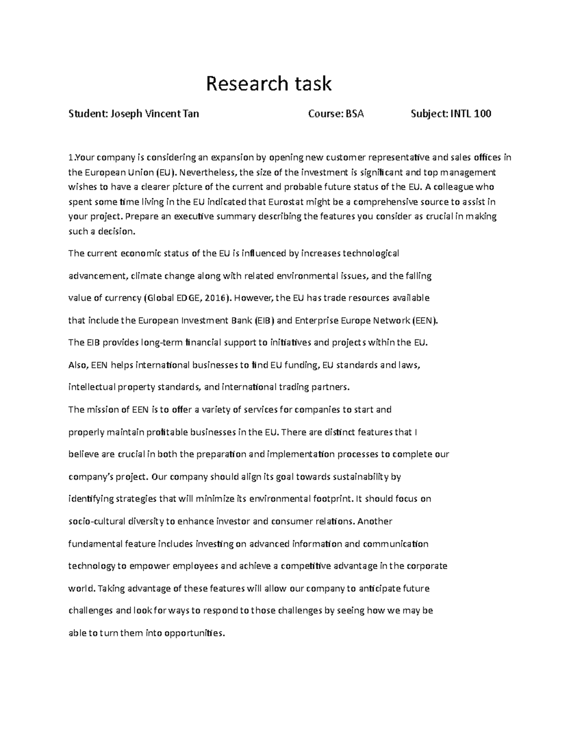 Research-task - Research task - Research task Student: Joseph Vincent ...