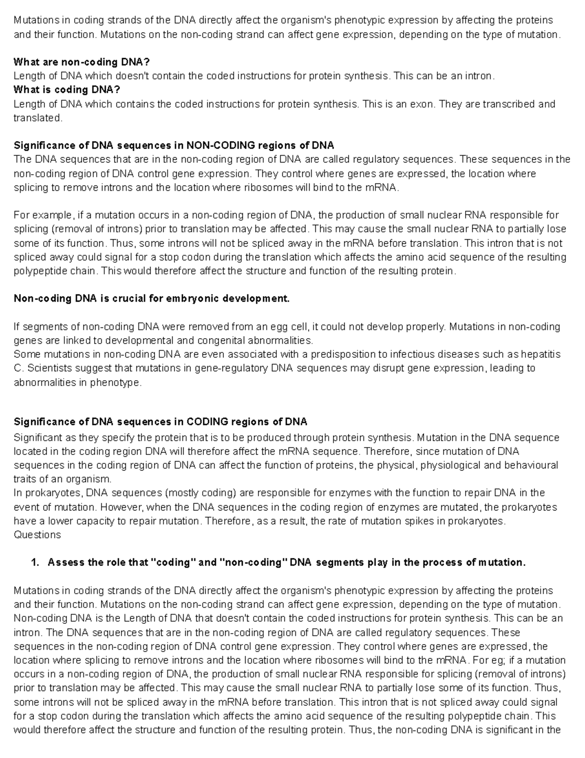 Coding And Non Coding Full Notes On Module 5 Biology Hsc Nsw Mutations In Coding Strands Of