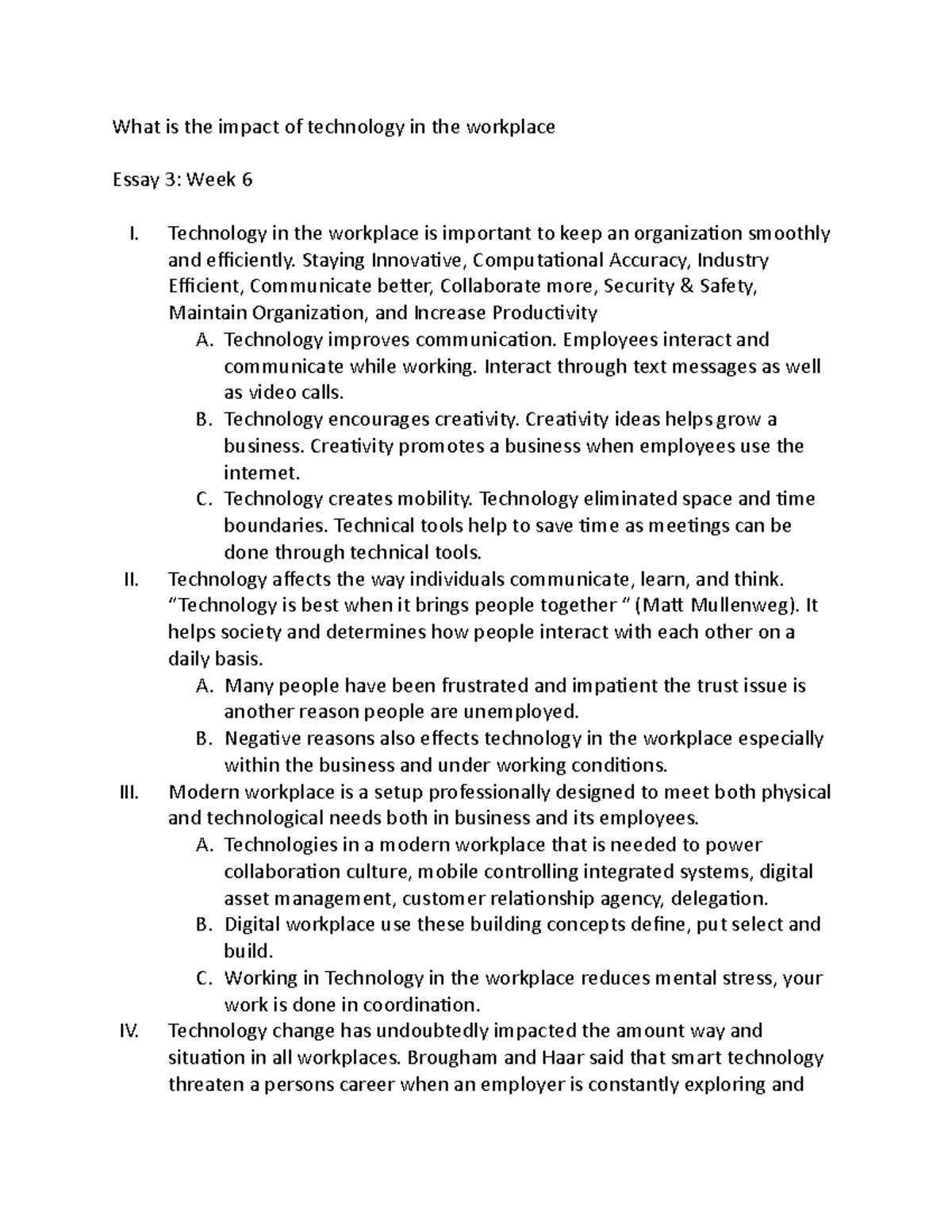 Week 6 thesis outline claim essay 3 - What is the impact of technology ...