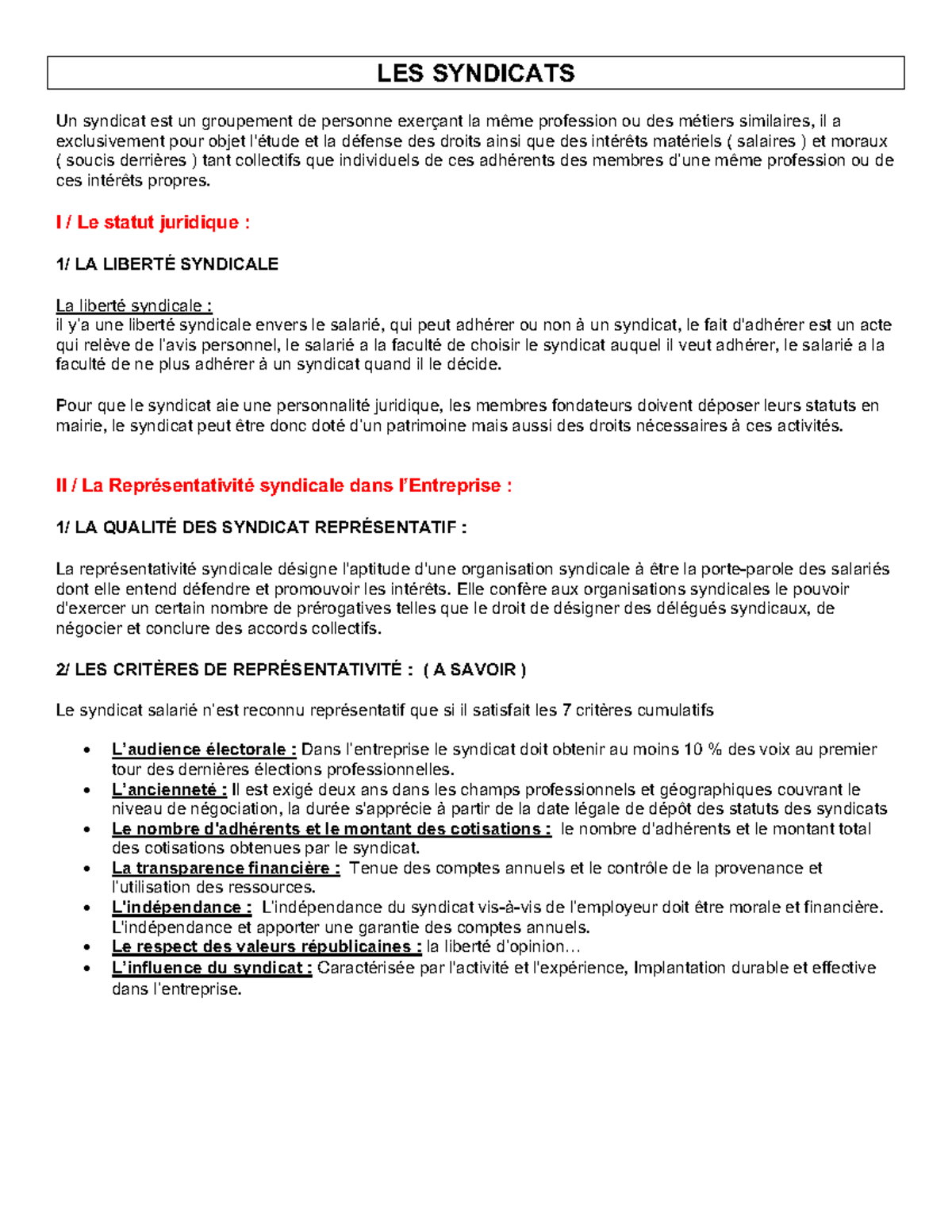 Cours - Droit DU Travail - LES SYNDICATS Un syndicat est un groupement ...