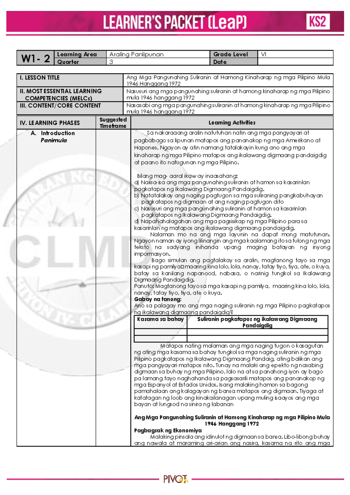 Lea P-AP-G6-Week 1-Q3 - PDF - W1- 2 Learning Area Araling Panlipunan ...