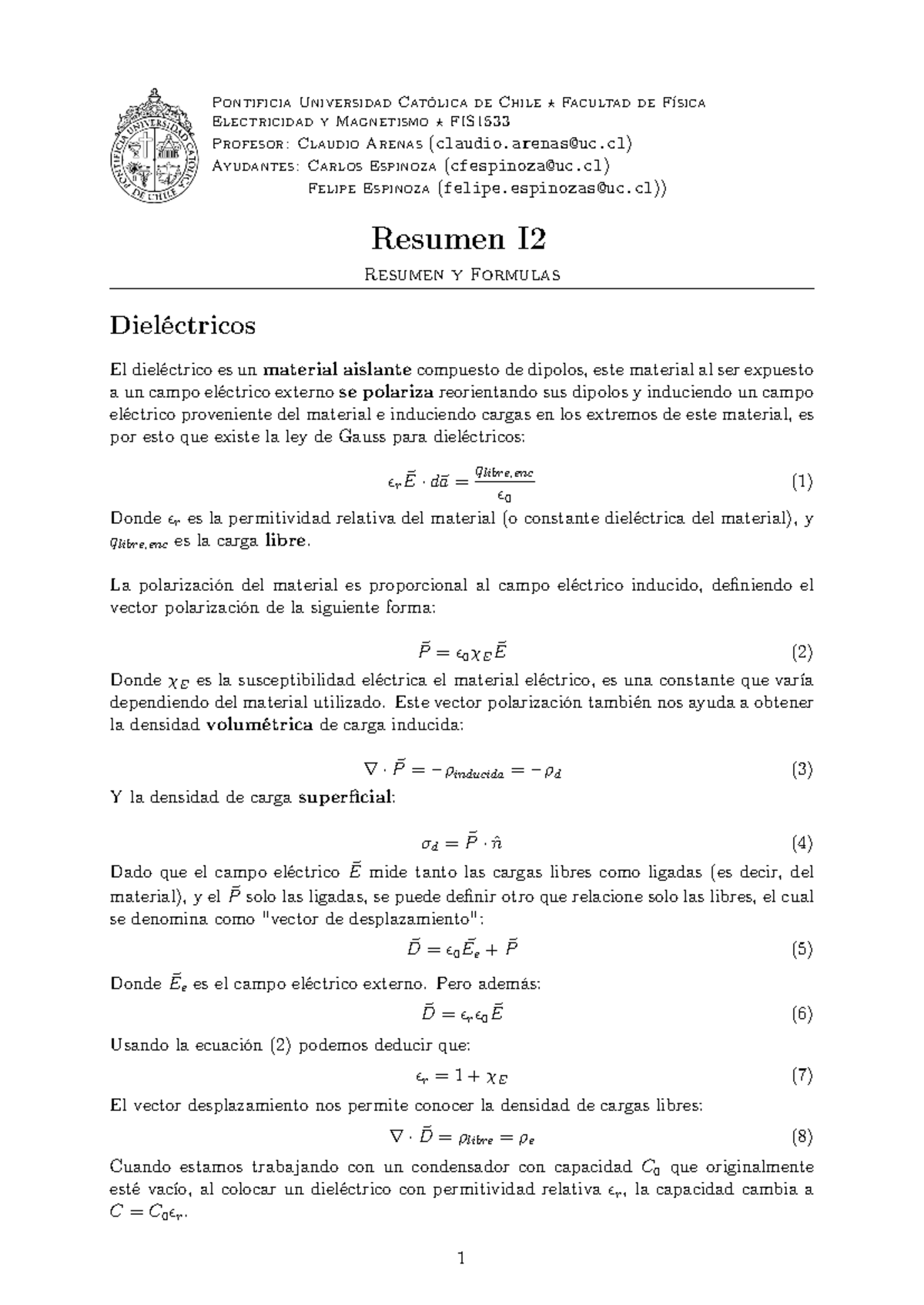 Resumen I2 - Pontificia Universidad Católica de Chile ⋆ Facultad de Física Electricidad y ...