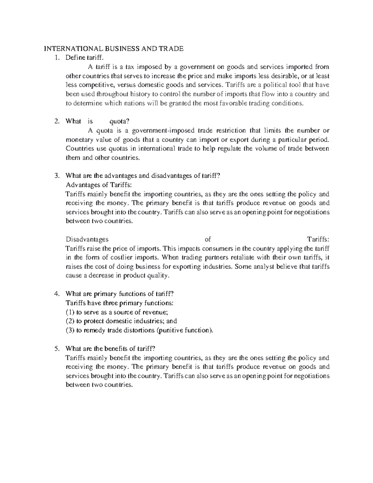 Business&Trade 2 - Definition of tariff and its primary function ...