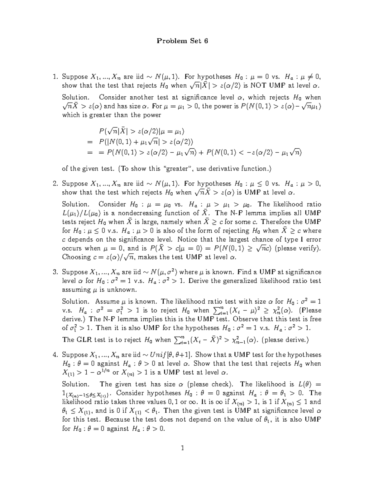 Probs Sols 6 - Kani Chen - Problem Set 6 1. Suppose X1 , ..., Xn are ...