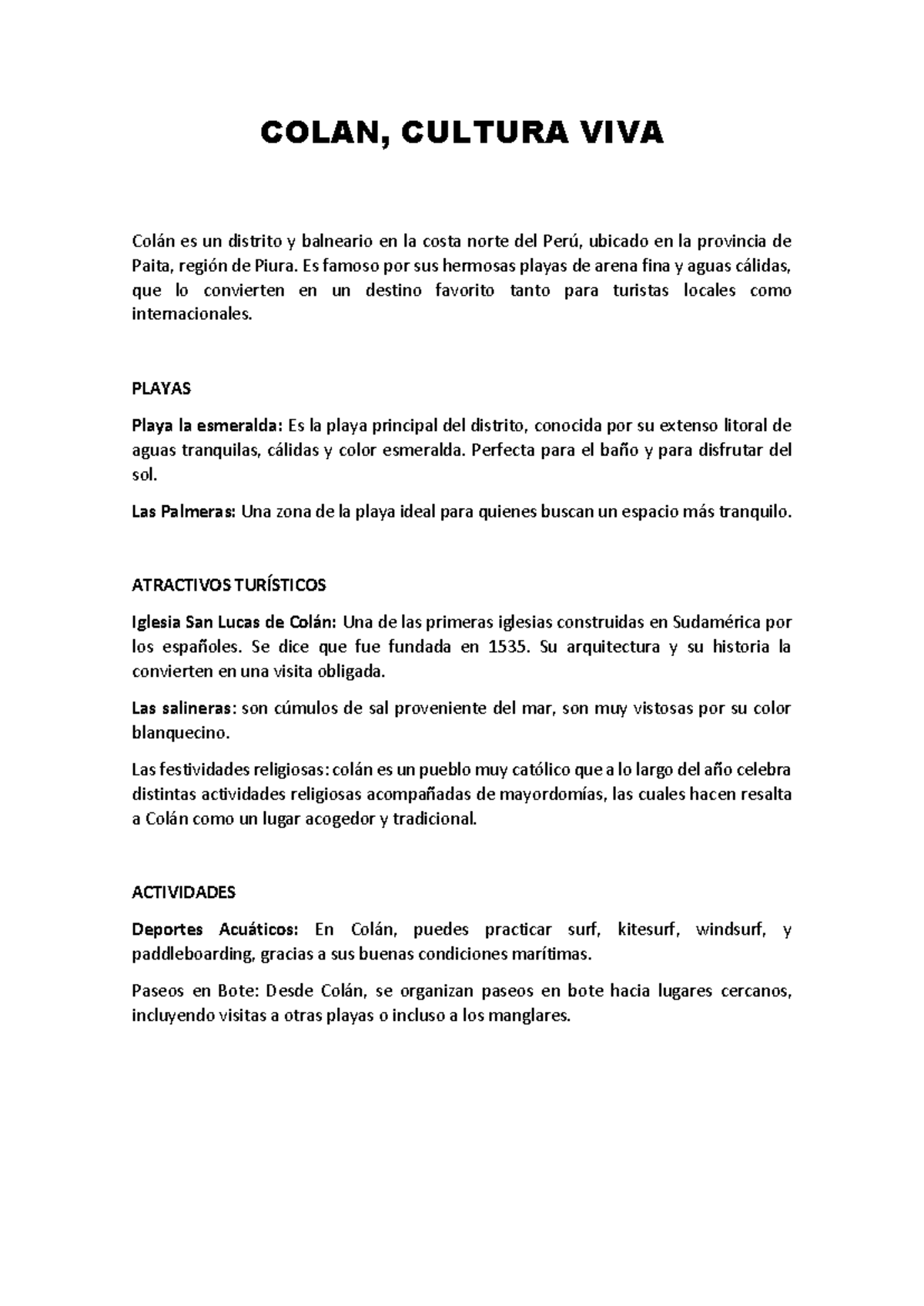 Practica calificada 1 - COLAN, CULTURA VIVA Colán es un distrito y ...