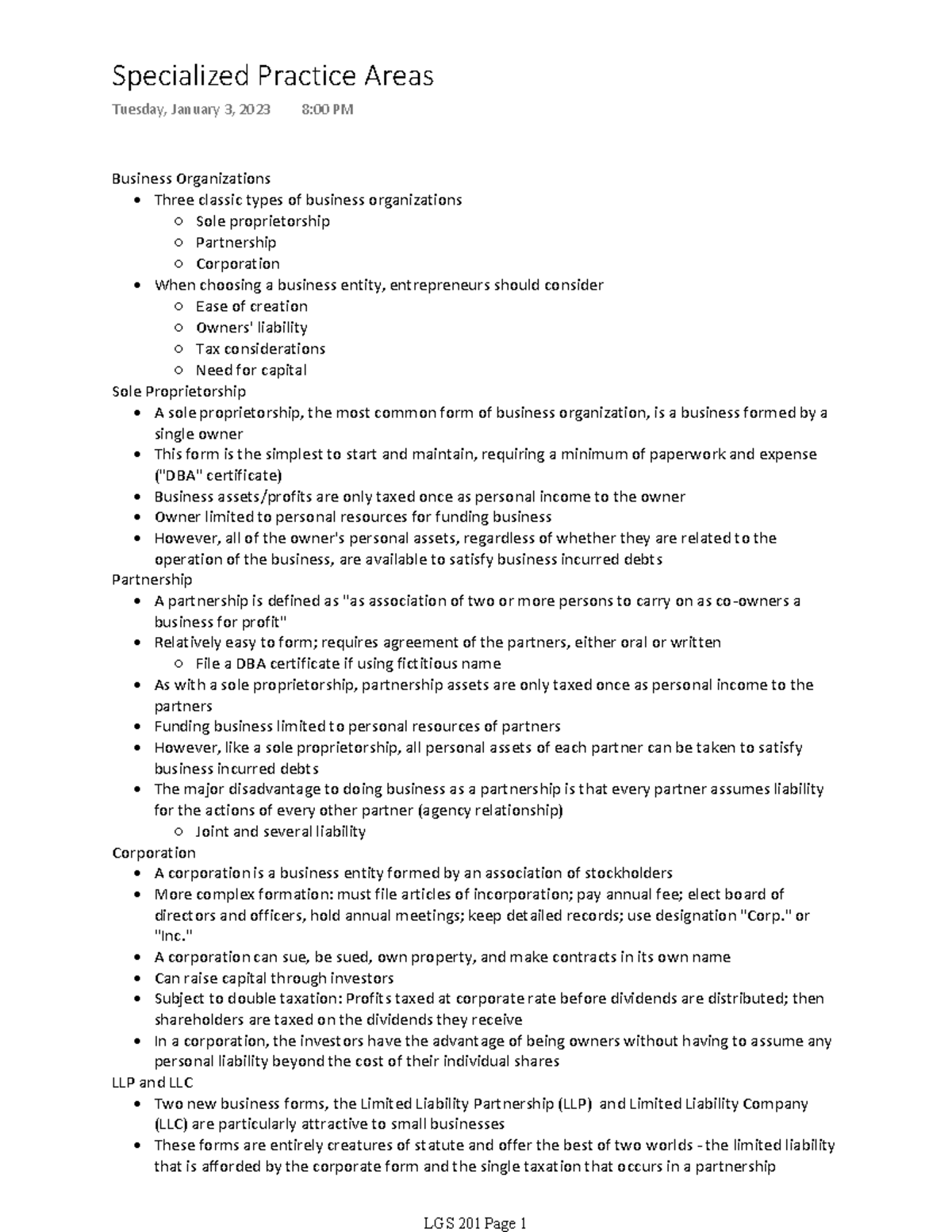 Lgs 201 Specialized Practice Areas B - Business Organizations Three classic types of business ...