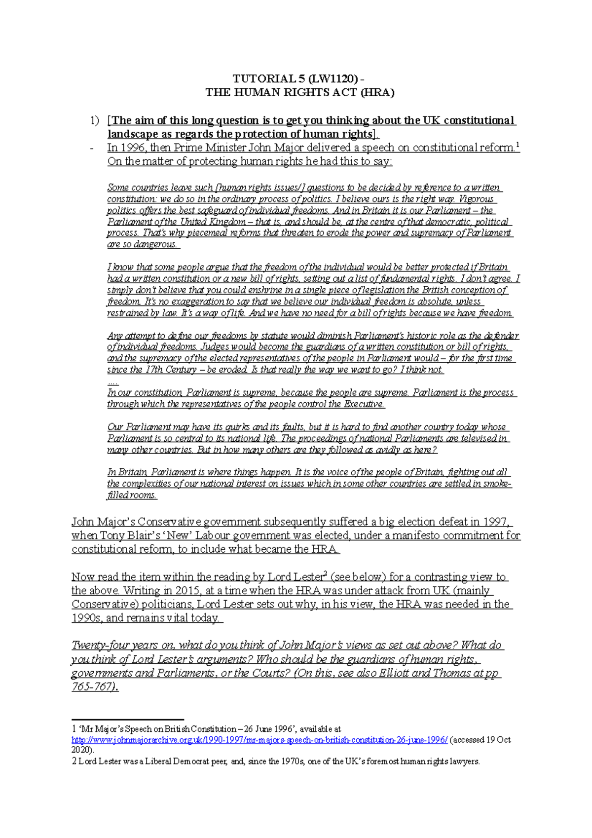 Tutorial 5 HRA 2020 LW1120 - TUTORIAL 5 (LW1120) - THE HUMAN RIGHTS ACT (HRA) [ The aim of this ...