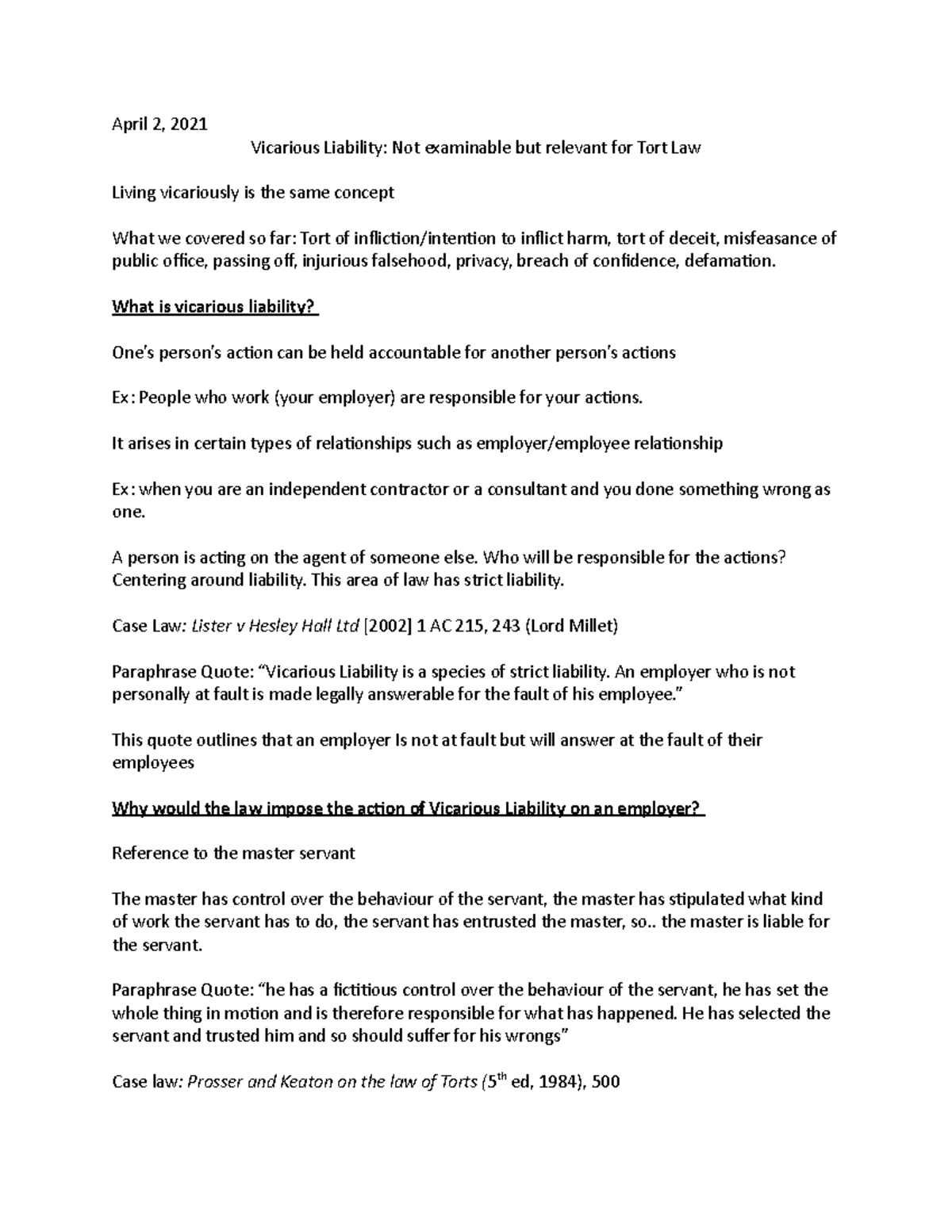 Vicarious liability notes and case law - LAWS11-202 - Bond - Studocu