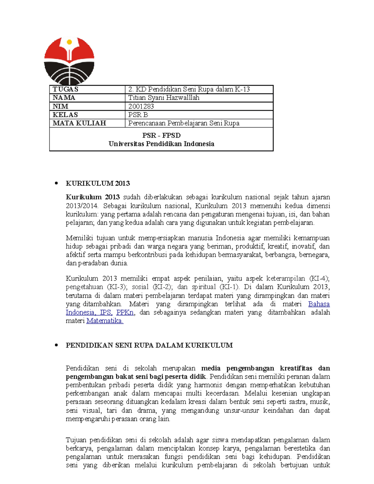 Pend.Seni Rupa dalam K-13 - TUGAS 2. KD Pendidikan Seni Rupa dalam K ...