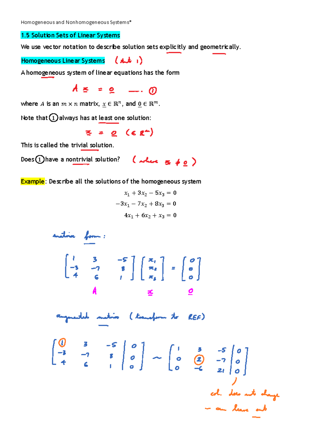 Week 3 Notes - Example: Describe all the solutions of the homogeneous ...