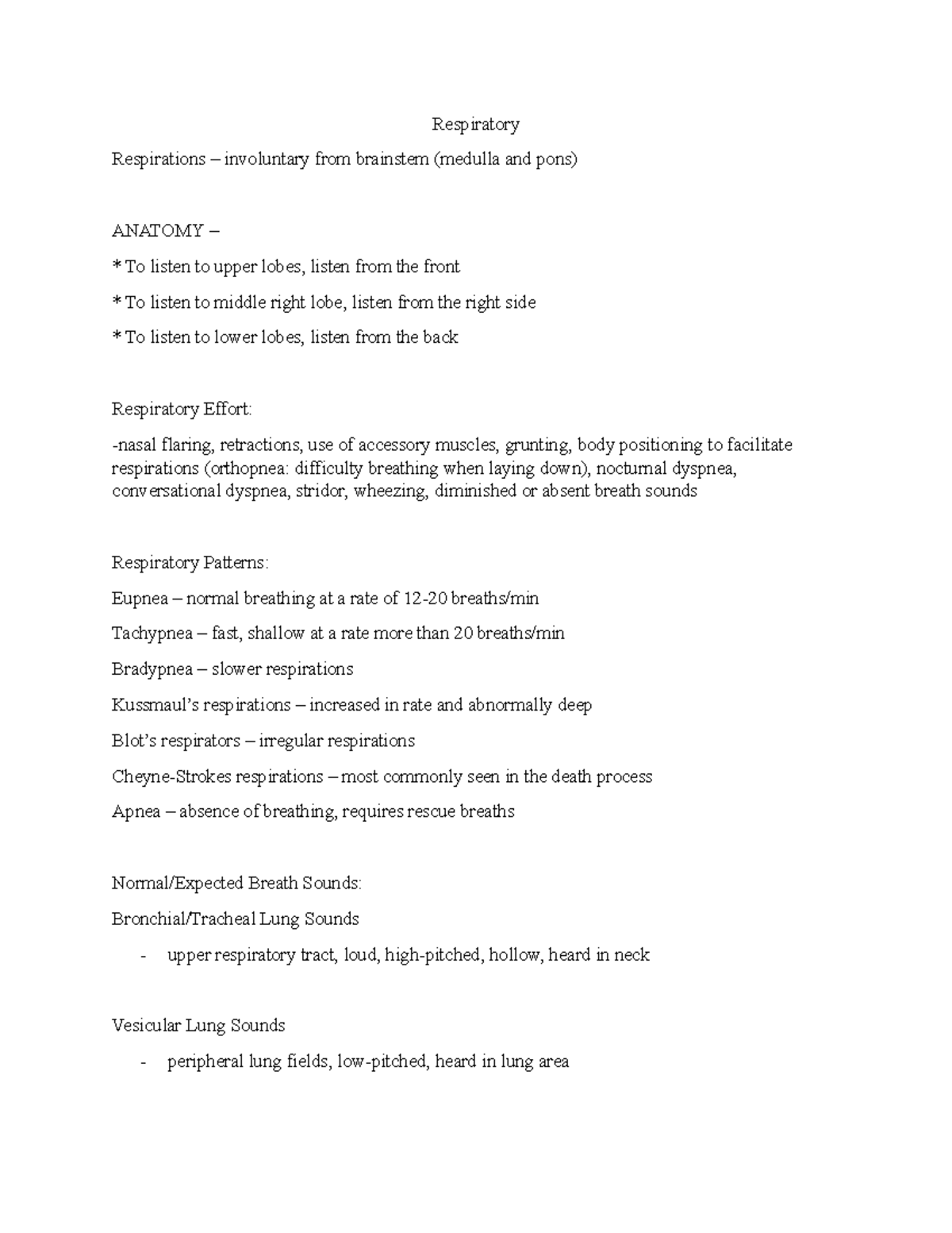 4. Respiratory Assessment Notes - Respiratory Respirations ...