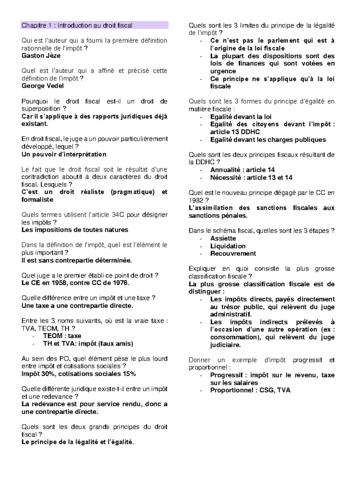 Droit Fiscal Questions de cours - Chapitre 1 : Introduction au droit ...