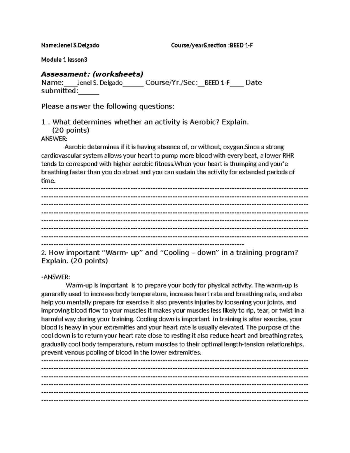 P. e module 1 lesson 3 - Name:Jenel S Course/year§ion :BEED 1-F Module ...