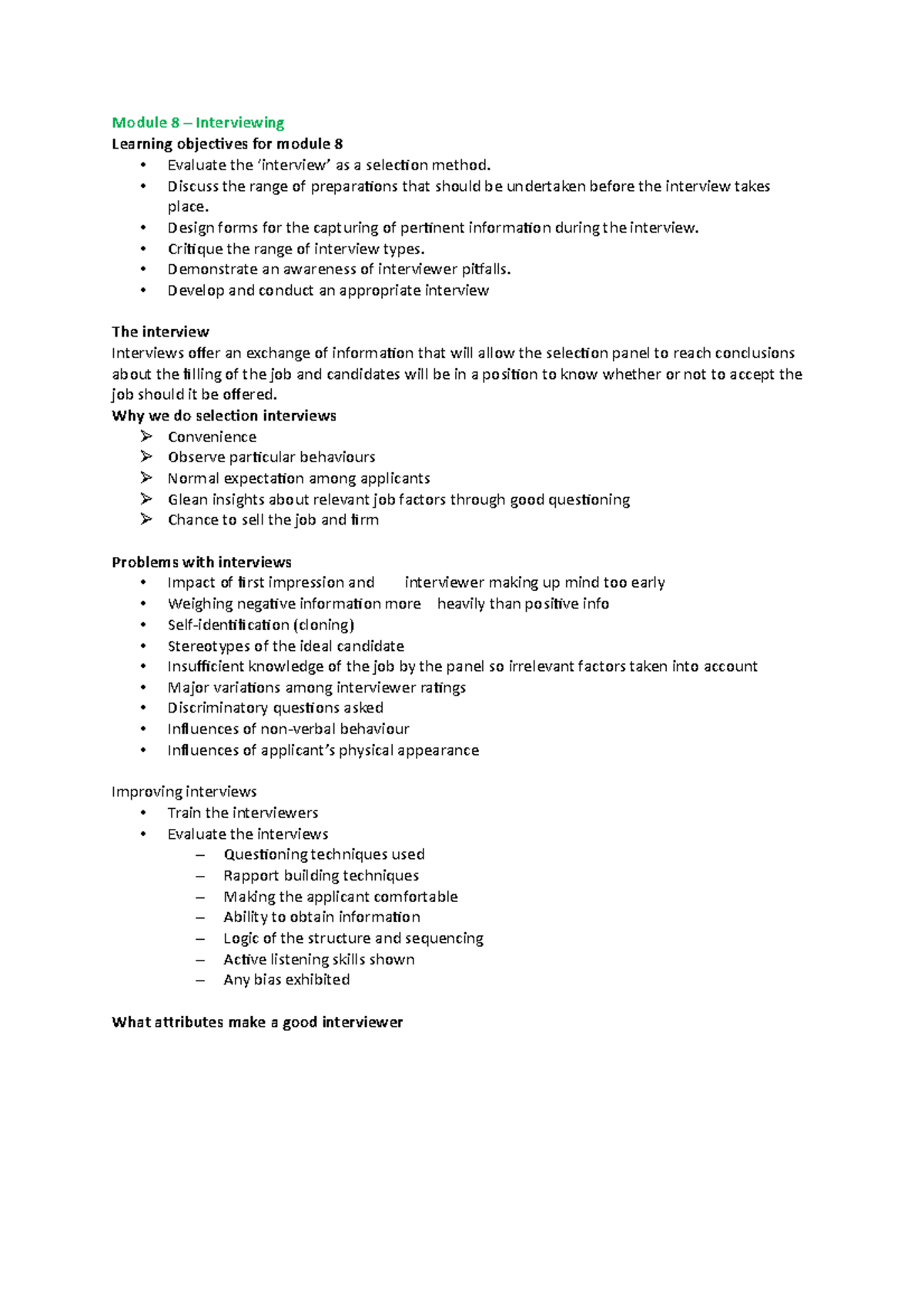 MGT3005 Lecture Notes - Module 8 - Module 8 – Interviewing Learning ...