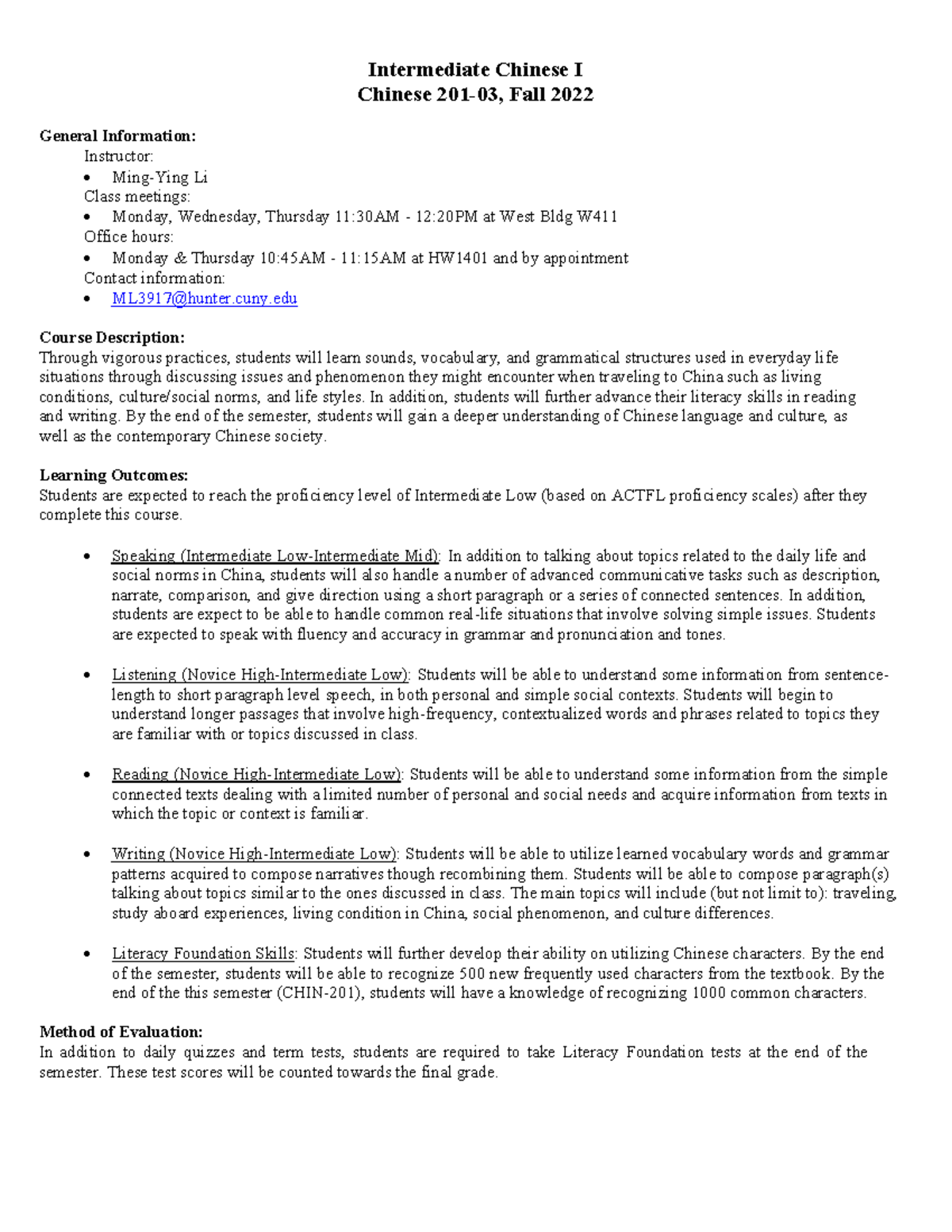 CHIN 201 03 Syllabus FA 2022 - Intermediate Chinese I Chinese 201-03 ...