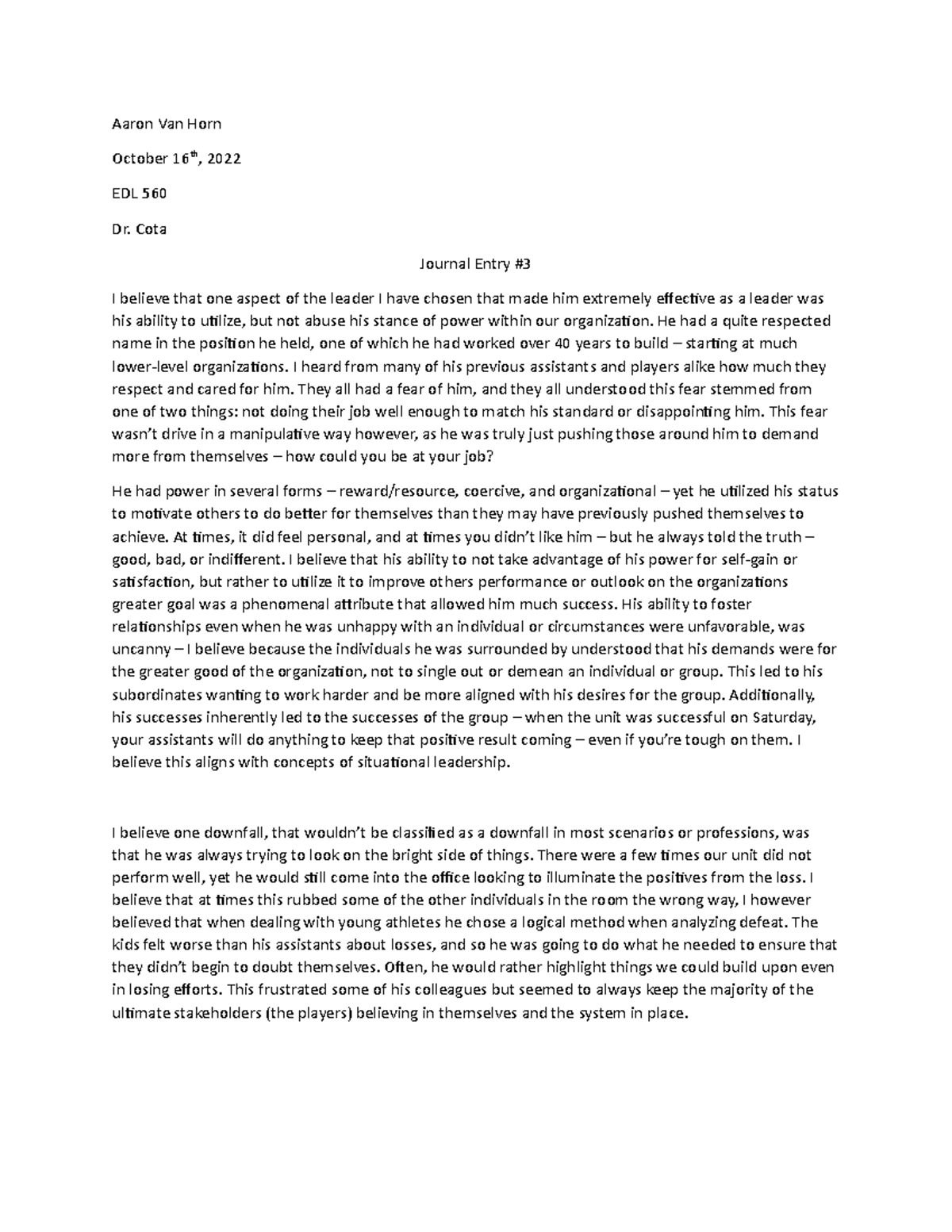 Reflective Journal Entry - AVH - Aaron Van Horn October 16th, 2022 EDL ...