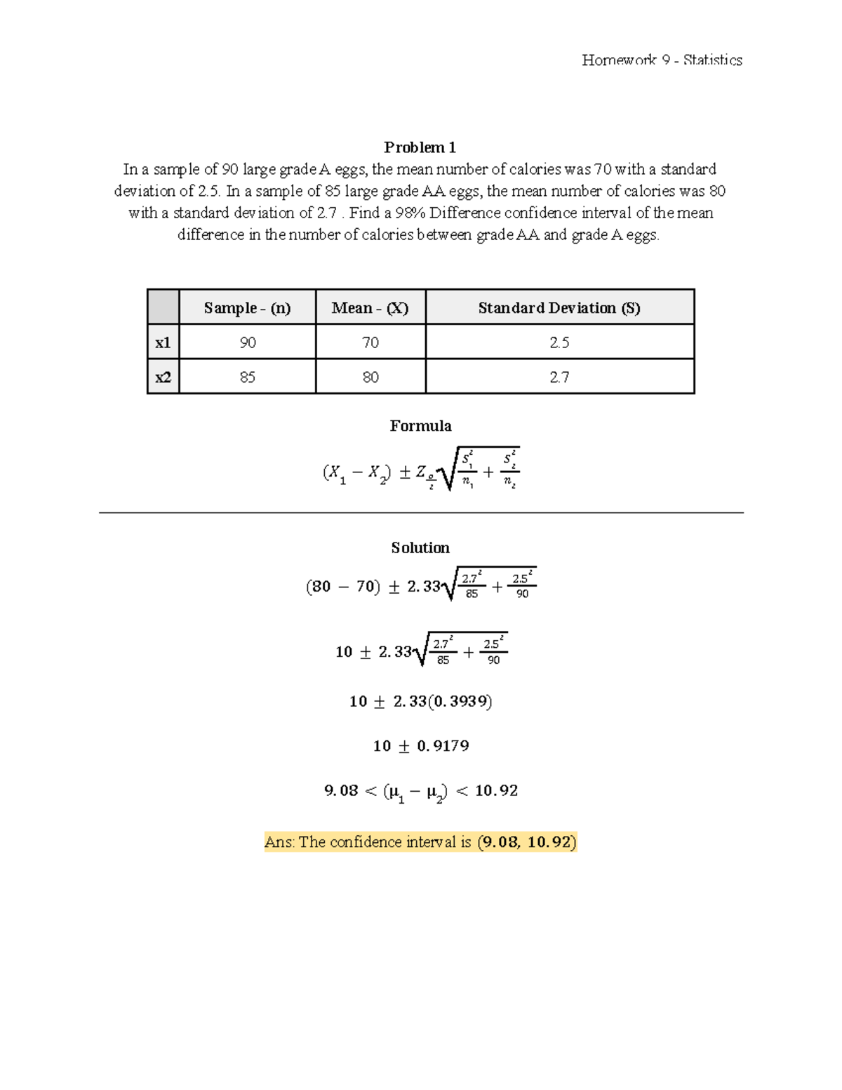 Homework 9 - Statistics - Homework 9 - Statistics Student ID: 811882154 ...