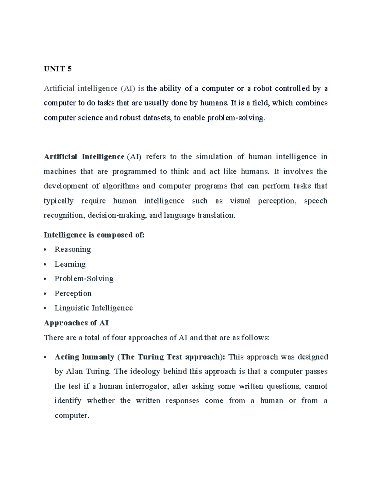 Unit 5 - Summary M.Sc., Computer Science - UNIT 5 Artificial intelligence (AI) is the ability of ...