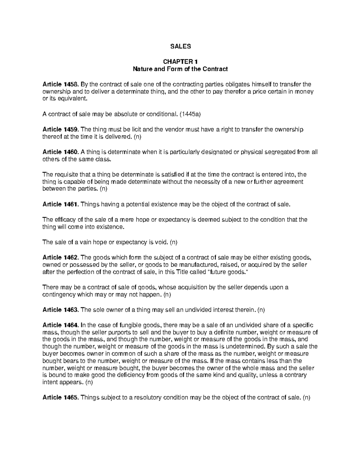 Sales codal provisions - SALES CHAPTER 1 Nature and Form of the ...