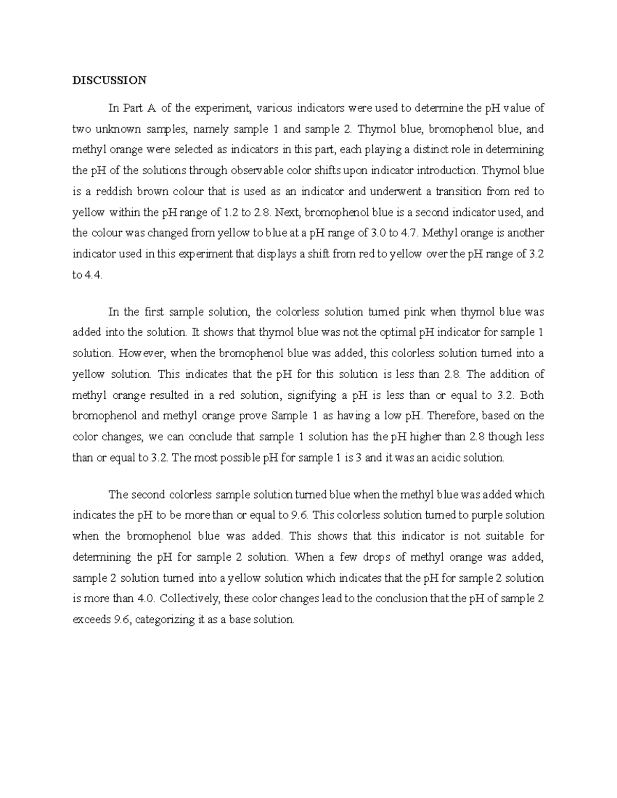 Discussion Lab Report Acids and Bases - DISCUSSION In Part A of the ...
