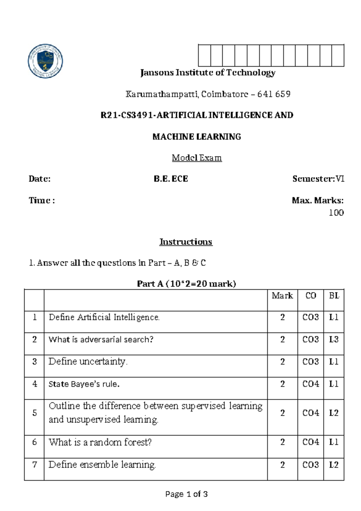 AIML Model-1 Question Paper - Jansons Institute of Technology ...