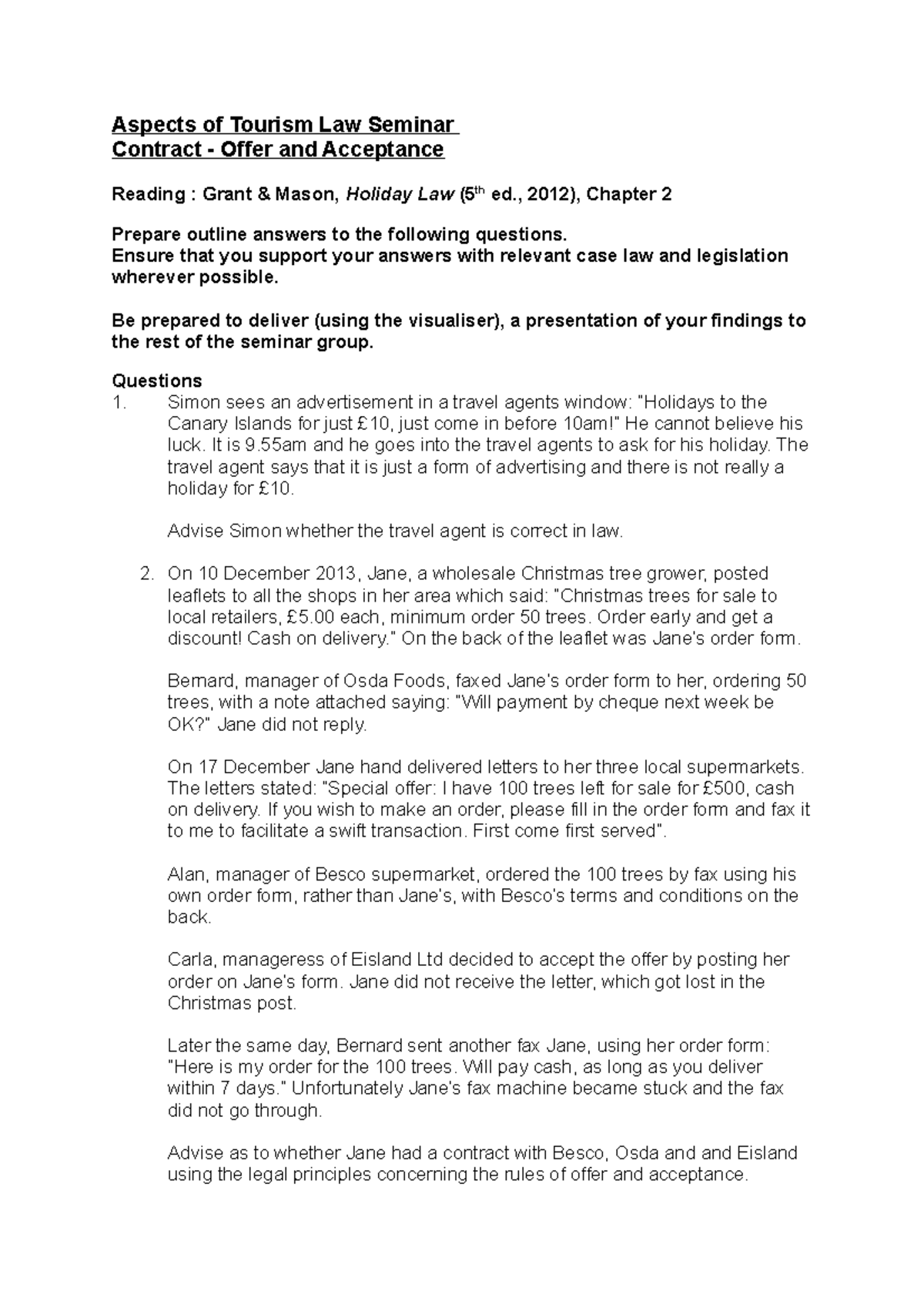 Seminar 1. Offer and Acceptance - Aspects of Tourism Law Seminar ...