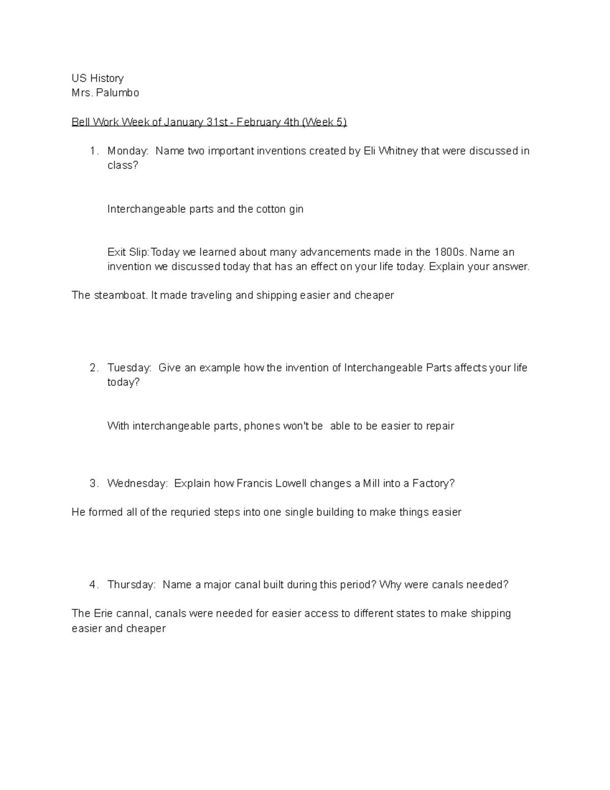 Copy of Lesson 3.3 Bell Work 1 31 - 2 4 2022 Week - US History Mrs ...