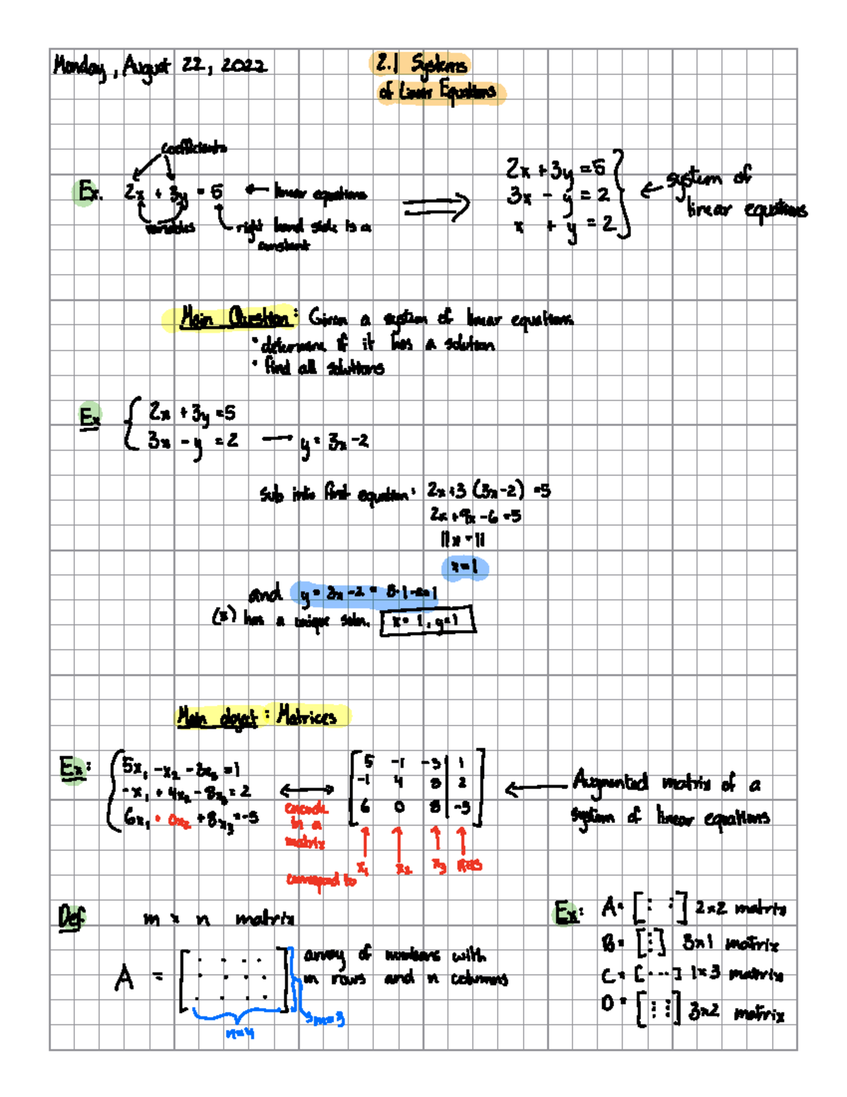 2.1, 2.2 Systems of Linear Equations - Monday August 22 2022 2 Systems ...
