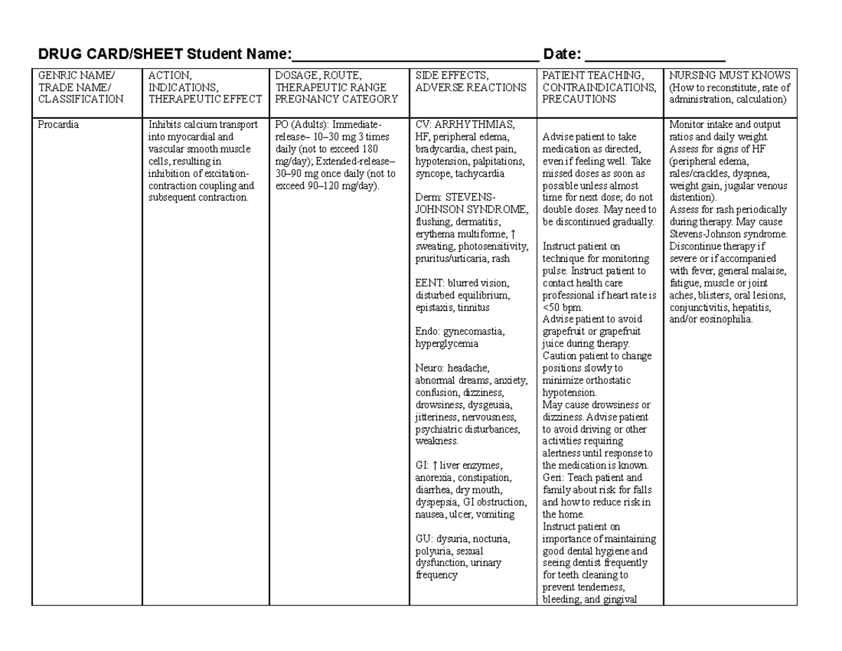 Procardia - drug cards - DRUG CARD/SHEET Student Name ...