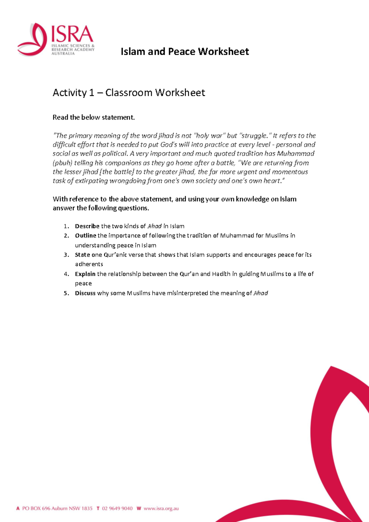 Activity-sheet-3 - worksheet HSC questions - Islam and Peace Worksheet ...