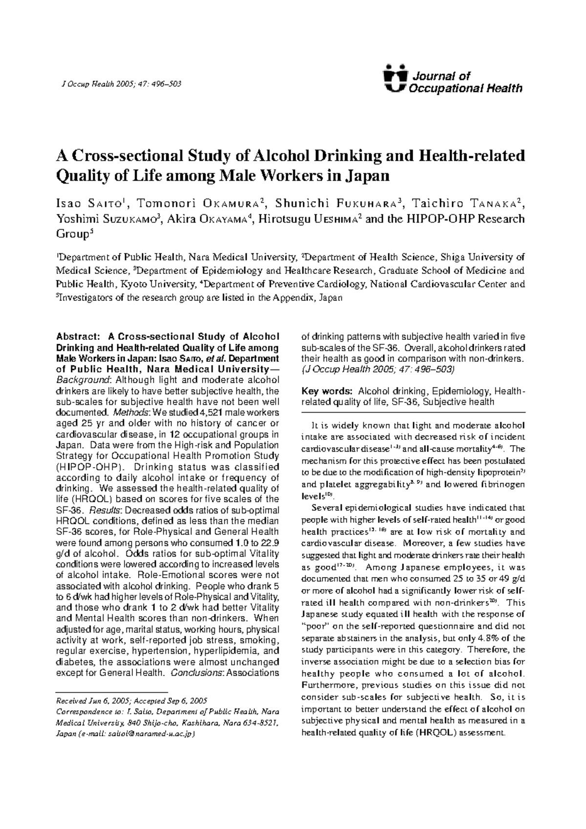 A Cross sectional Study of Alcohol Drink - J Occup Health 2005; 47: 496– Journal of Occupational ...