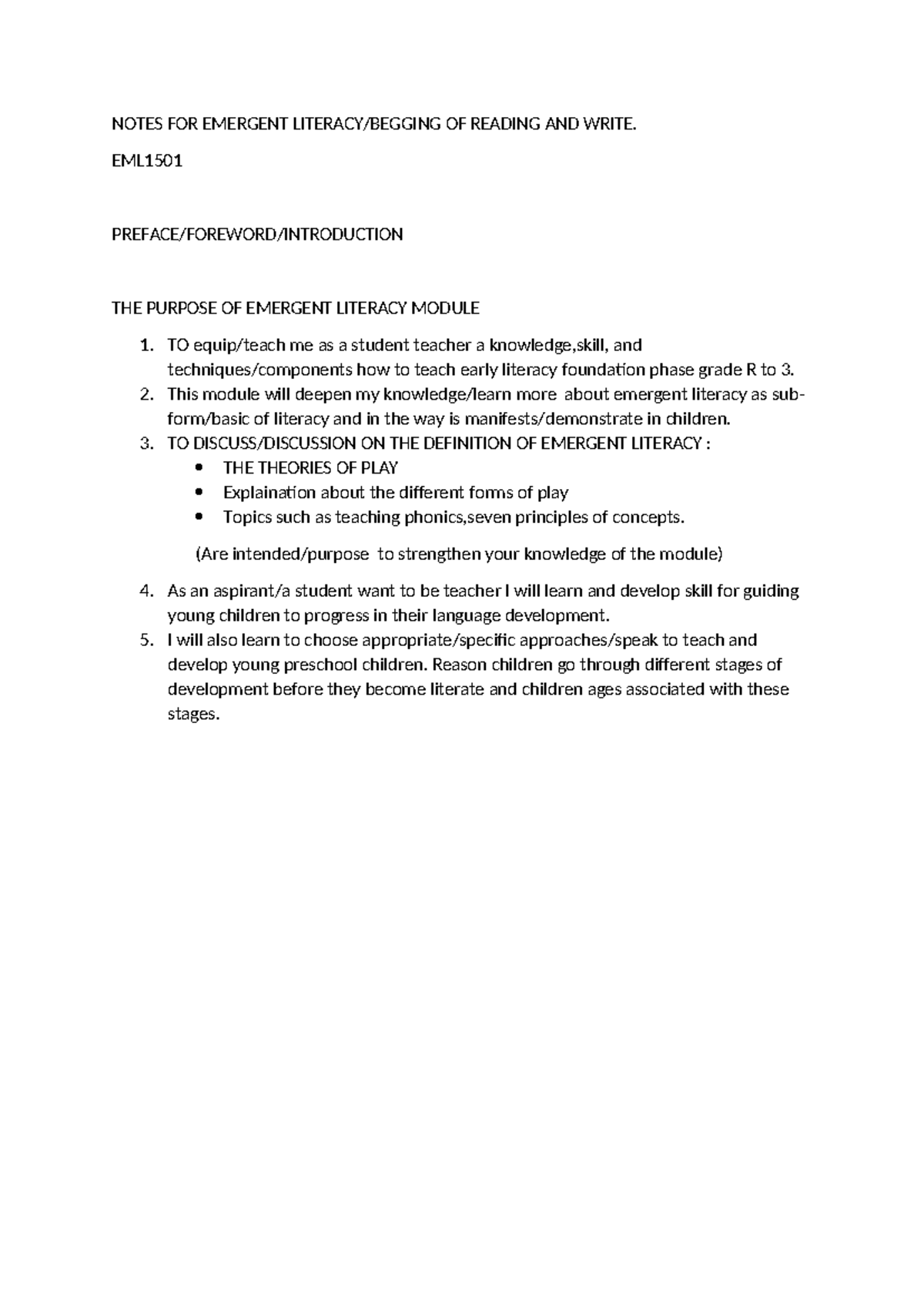 Notes FOR Emergent Literacy - NOTES FOR EMERGENT LITERACY/BEGGING OF ...