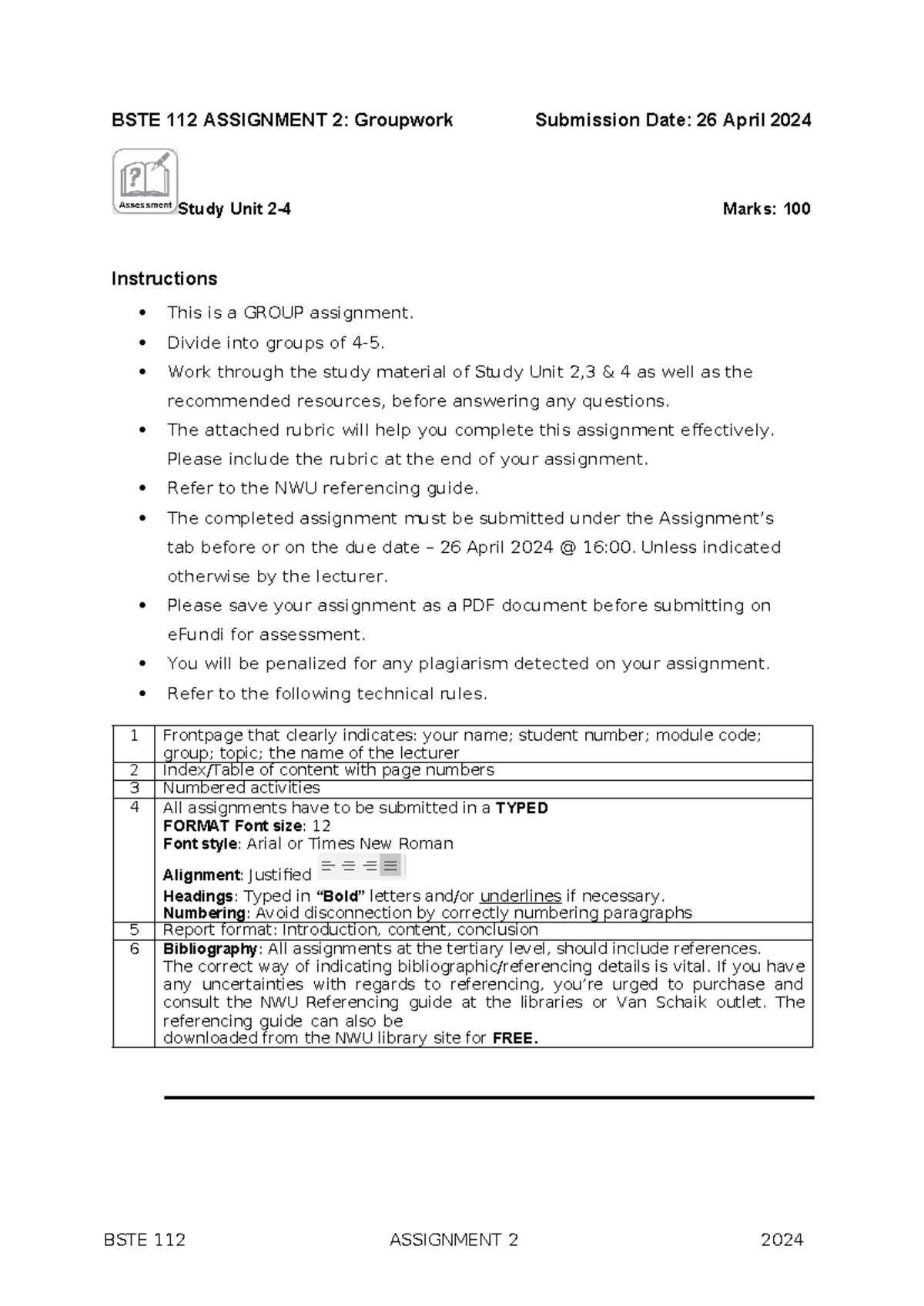 BSTE 112 Assignment 2 2024 - BSTE 112 ASSIGNMENT 2: Groupwork ...