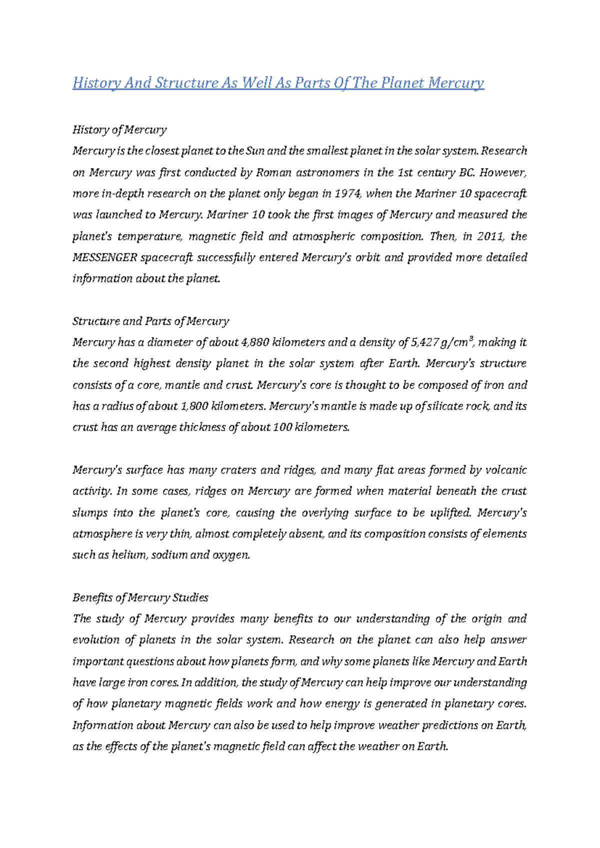History And Structure As Well As Parts Of The Planet Mercury - Research ...