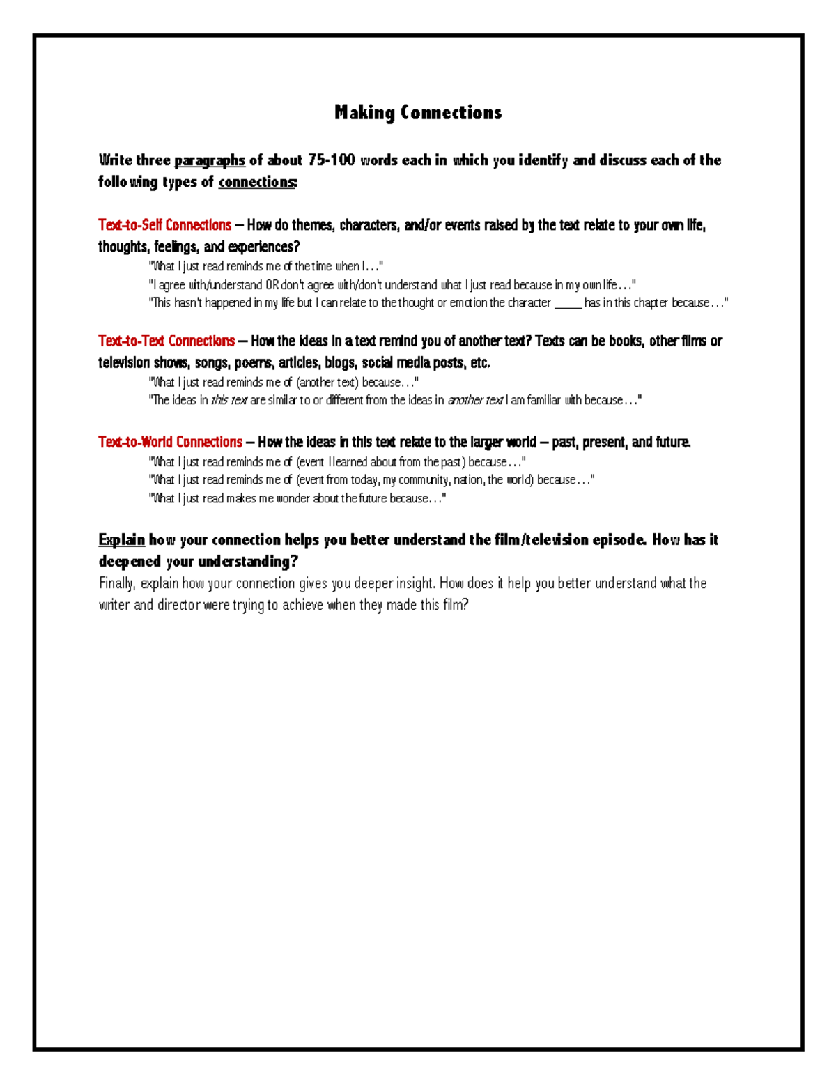 English Journal - Making Connections Write three paragraphs of about 75 ...