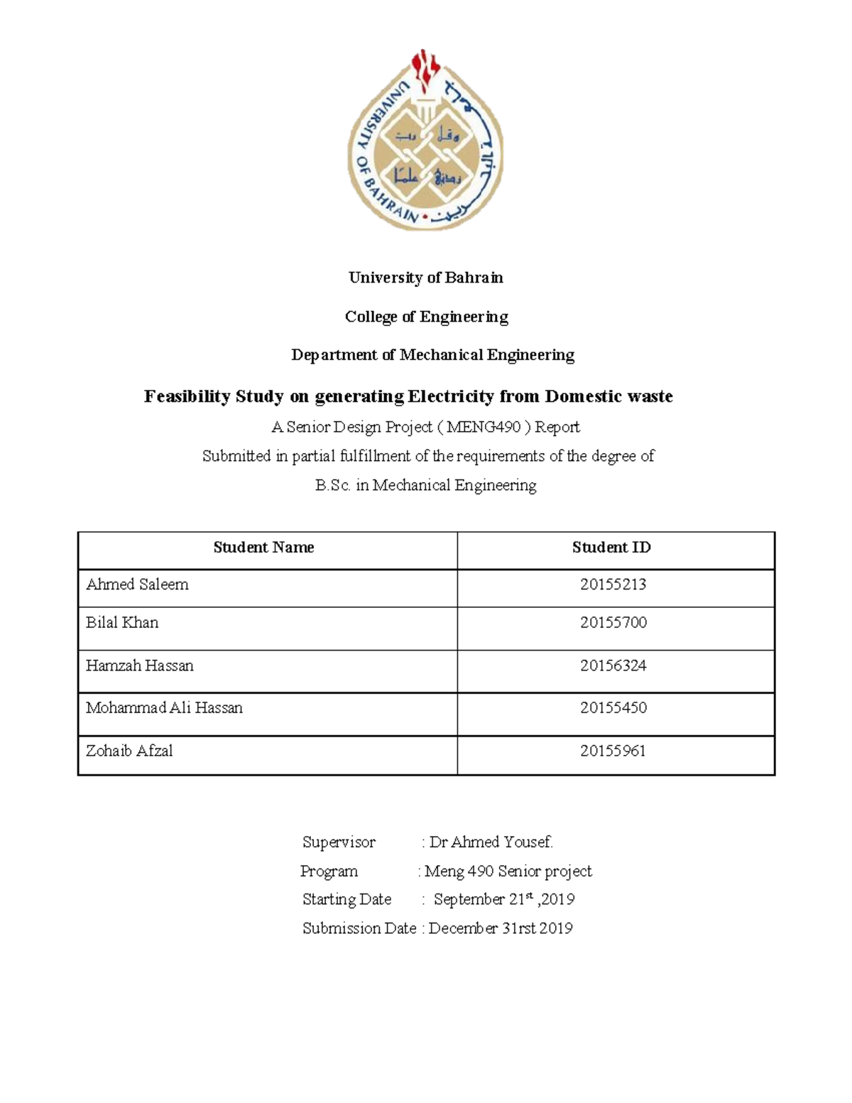 Senior report - University of Bahrain College of Engineering Department ...