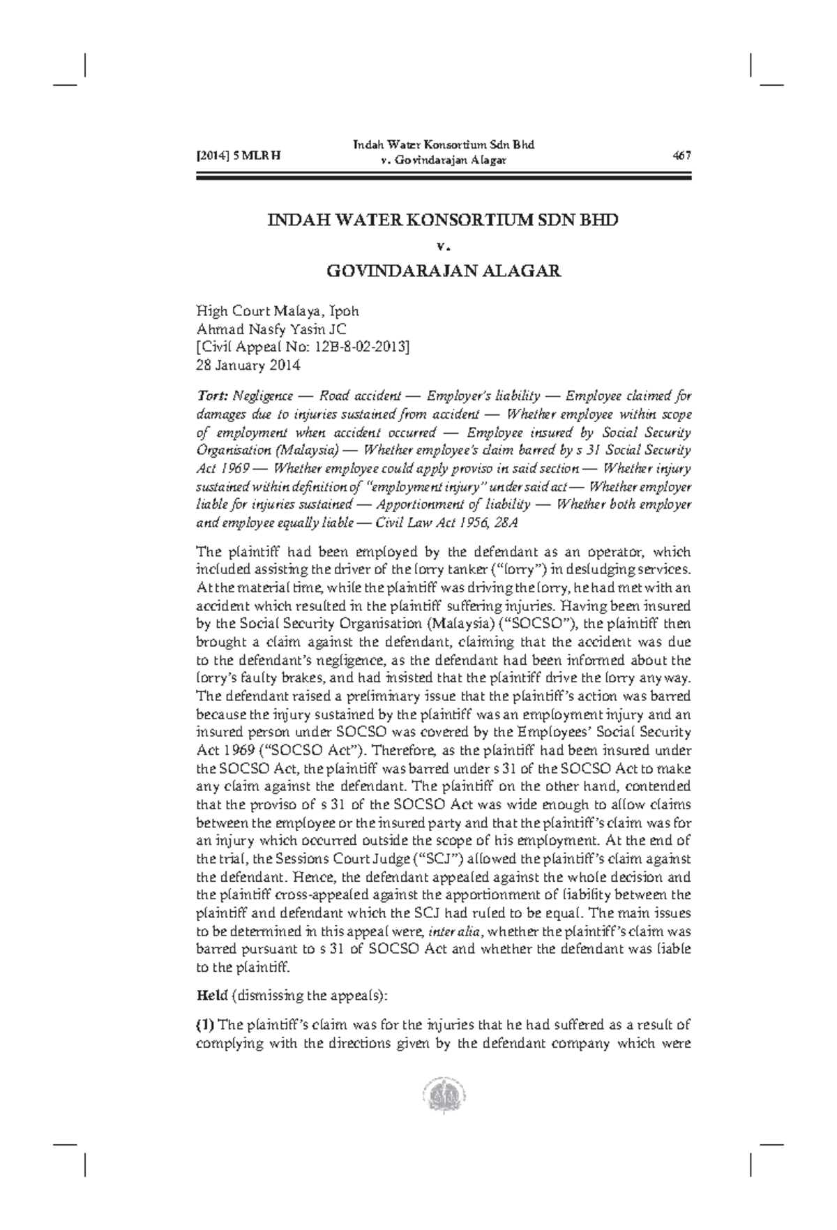 Indah Water Konsortium Sdn Bhd v. Govindarajan Alagar - [2014] 5 MLRH ...