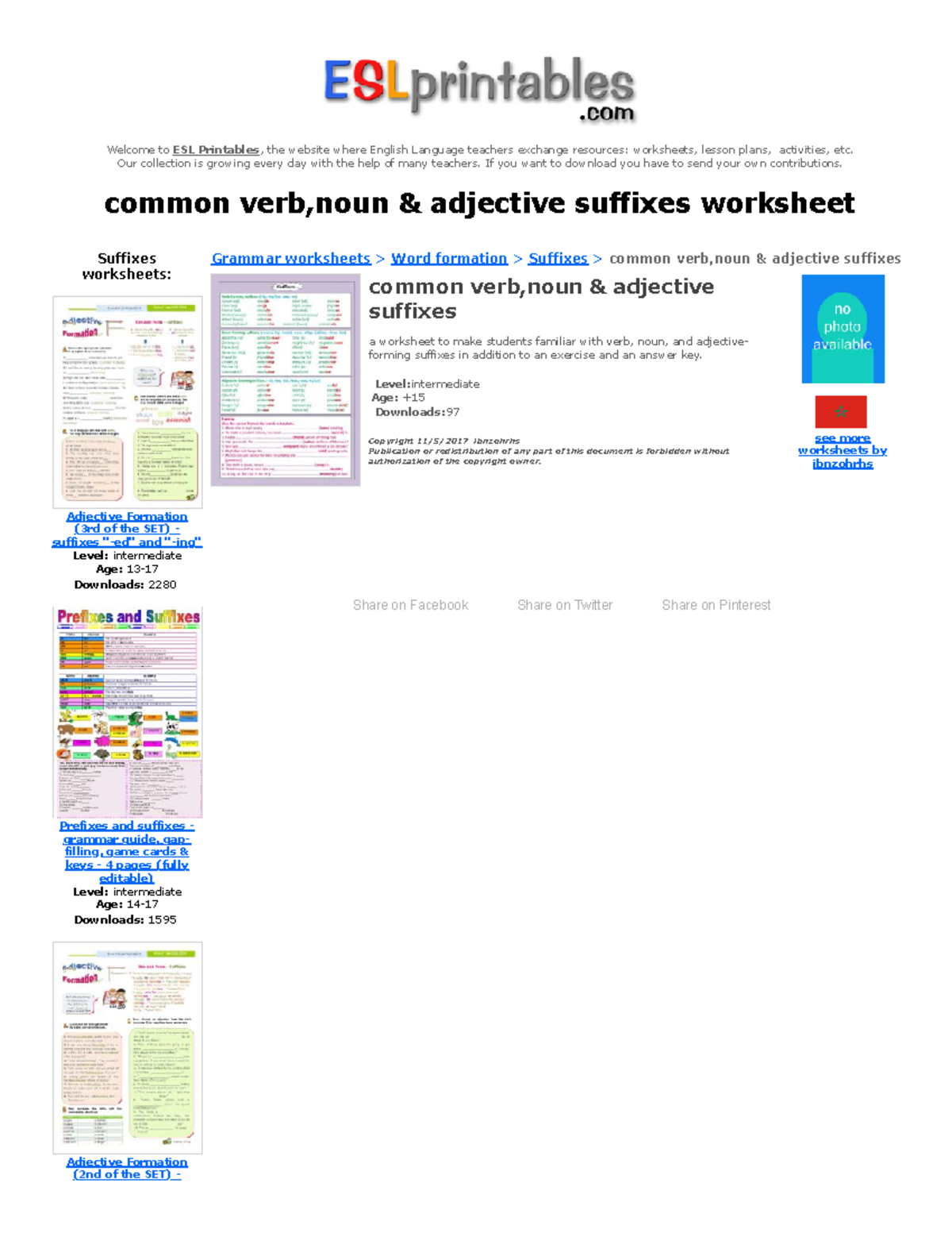 Common verb,noun & adjective suffixes - ESL worksheet by ibnzohrhs ...