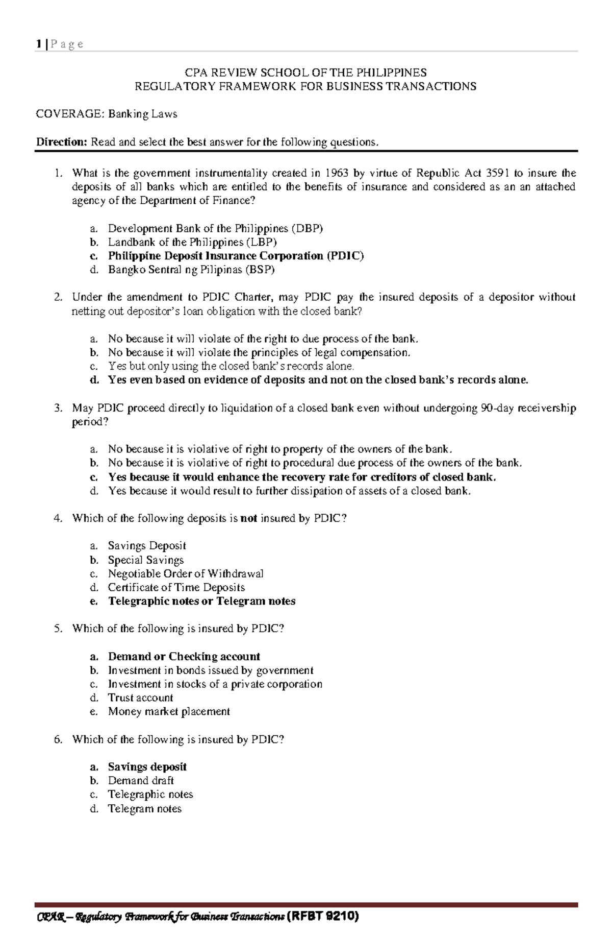 RFBT - Banking MCQs Answer Keys - CPA REVIEW SCHOOL OF THE PHILIPPINES ...