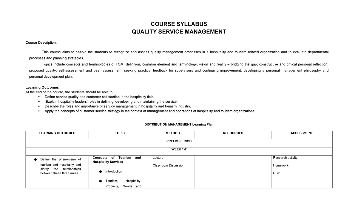 Quality Service Management - COURSE SYLLABUS QUALITY SERVICE MANAGEMENT ...